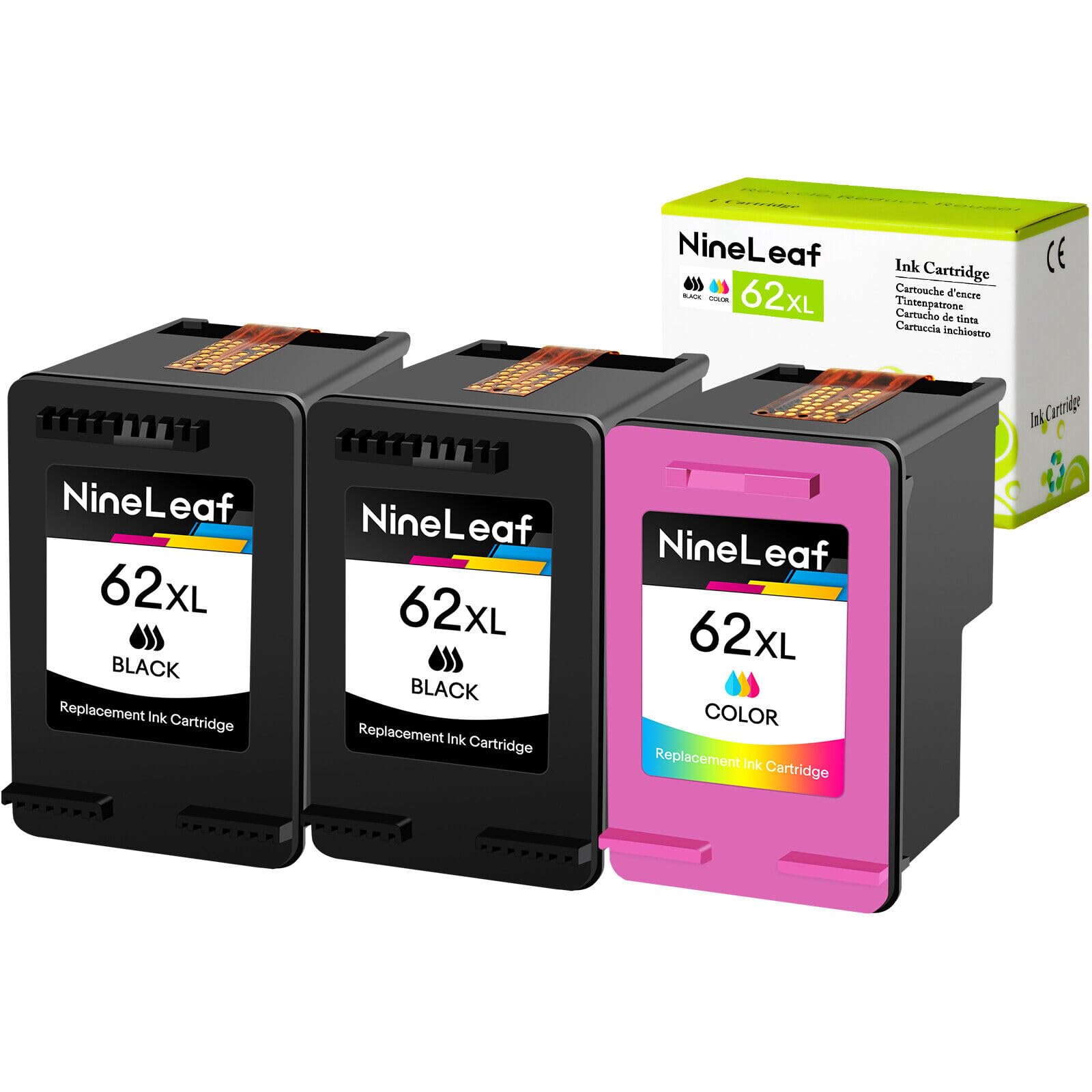 NineLeaf 3 Pack Remanufactured Ink Cartridge Replacement for HP 62XL 62 XL use in Envy 5540 5640 5660 7644 7645 OfficeJet 5740 8040 OfficeJet 200 250 Series Inkjet Printer(2 Black 1 Tri-Color