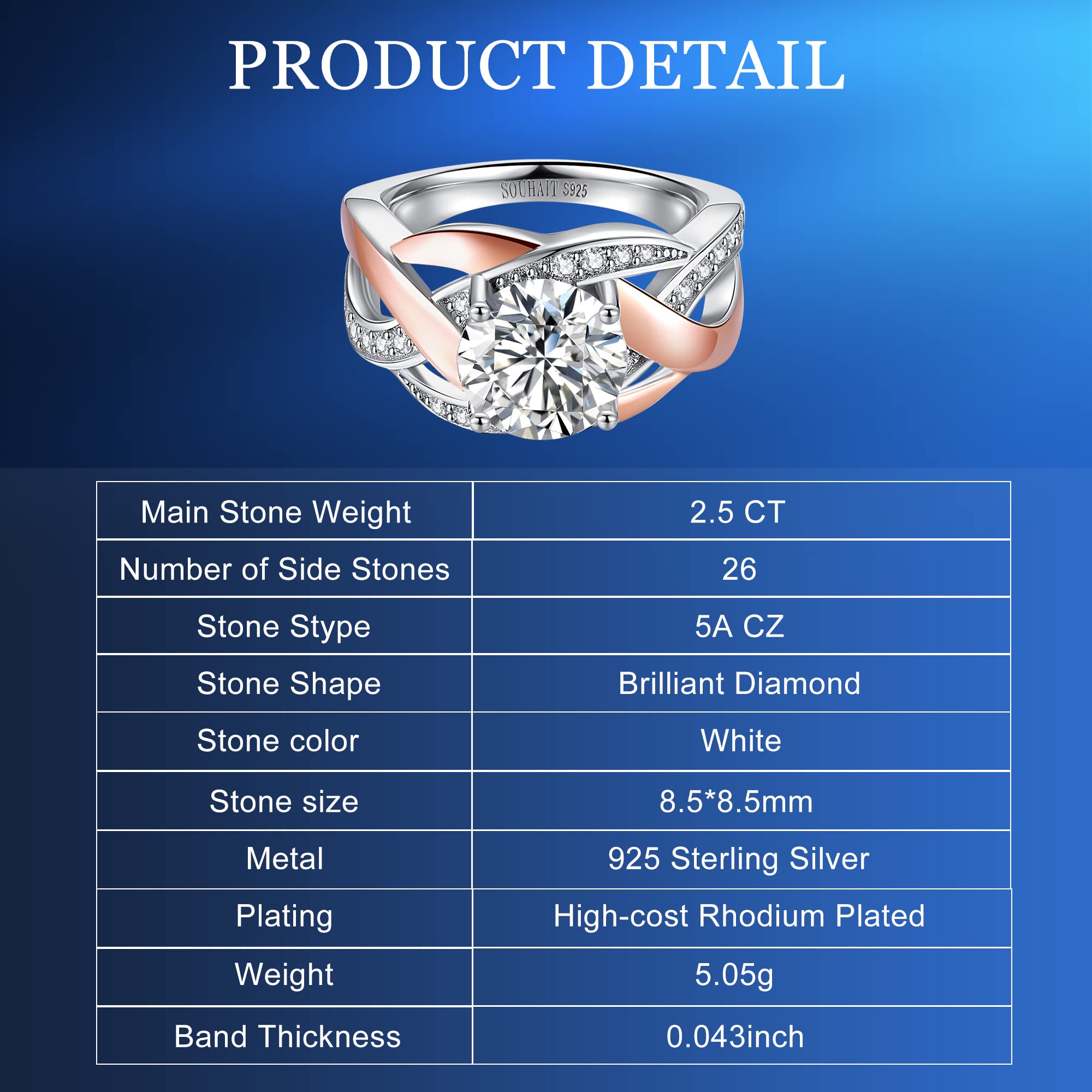 SOUHAIT 1.5-2.5CT Personalized Unique Anniversary Rings for Women 5A D Color Round Brilliant Diamond 925 Sterling Silver Infinity Halo Engagement Ring