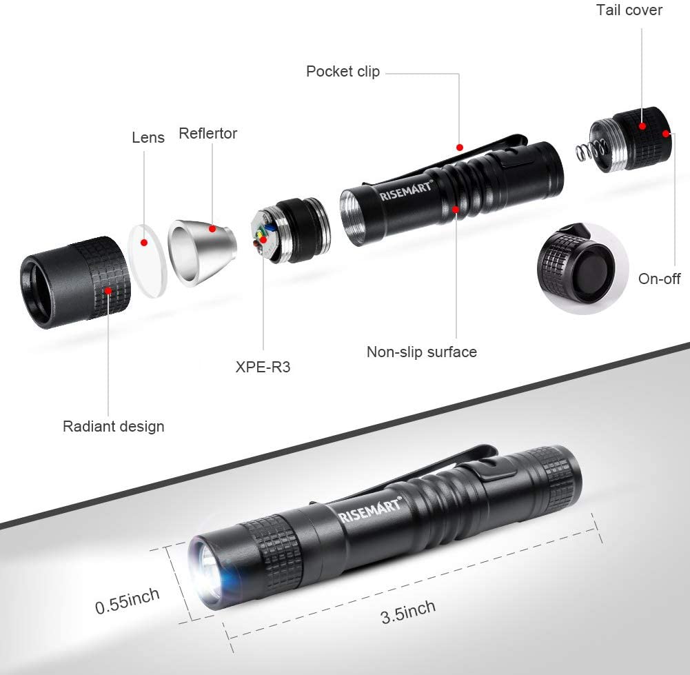 RISEMART Super Small Mini Flashlight AAA 100 Lumens Ultra Bright LED Pen light Pocket Clip Tactical Torch Lamp(3.5")
