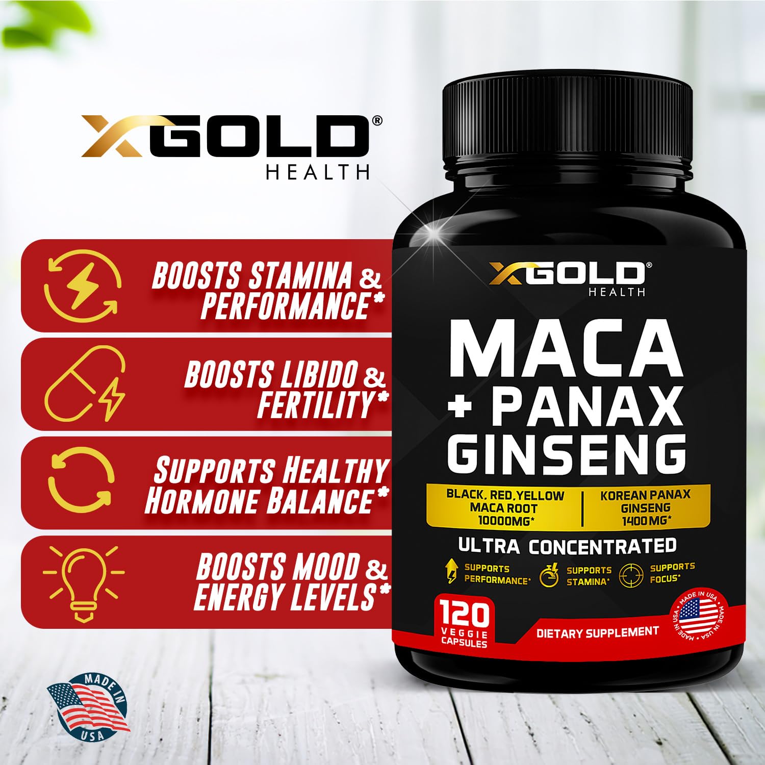 Maca Root Capsules 10,000mg + Korean Panax Ginseng 1,400mg - 20x Concentrated Extract Black + Red + Yellow Maca Root, 10x Concentrated Extract Panax Ginseng Capsules - Ultra Potent & Highly Purified