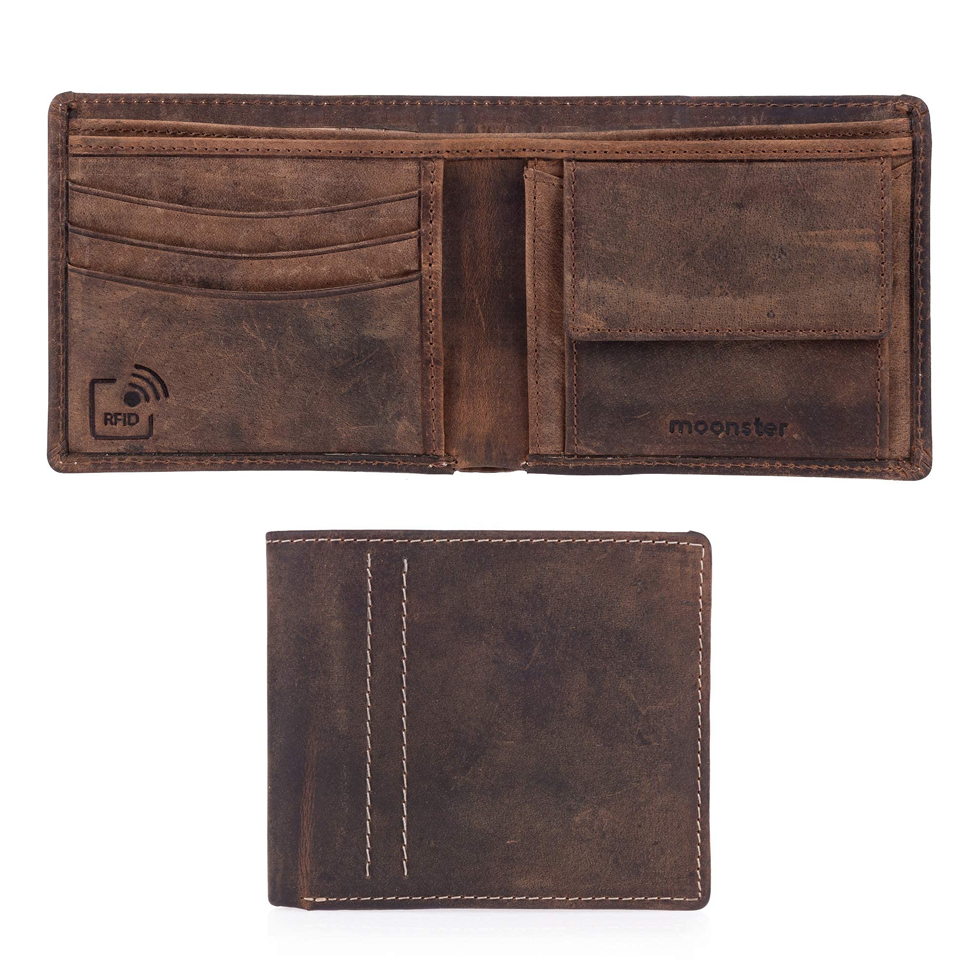 moonster Mens Leather Wallet with RFID Blocking - Keeps Cash and Cards Safe, Organized and Easy to Access - Slim, Minimal Wallets for Men - Full Grain Buffalo Leather - Comes in Stylish Gift Box