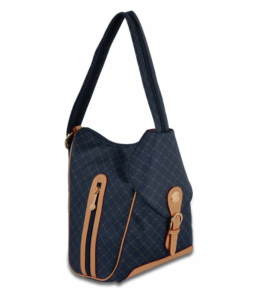 Rioni STA-20082 Designer Signature Navy Blue Canvas Leather Backpack With Zipper Strap