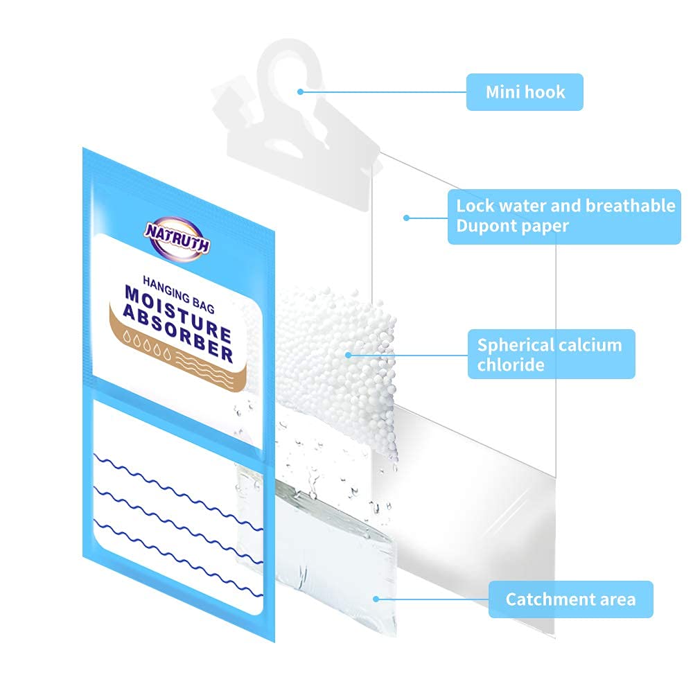 NATRUTH Moisture Absorber Bag, 12 Packs Fragrance Free Desiccant Hanging Bag,Odor Absorber,Eliminates Odors Creates Fresher Cleaner air,Efficient Humidity Absorber for Closet、Bathroom、Humidity Packs