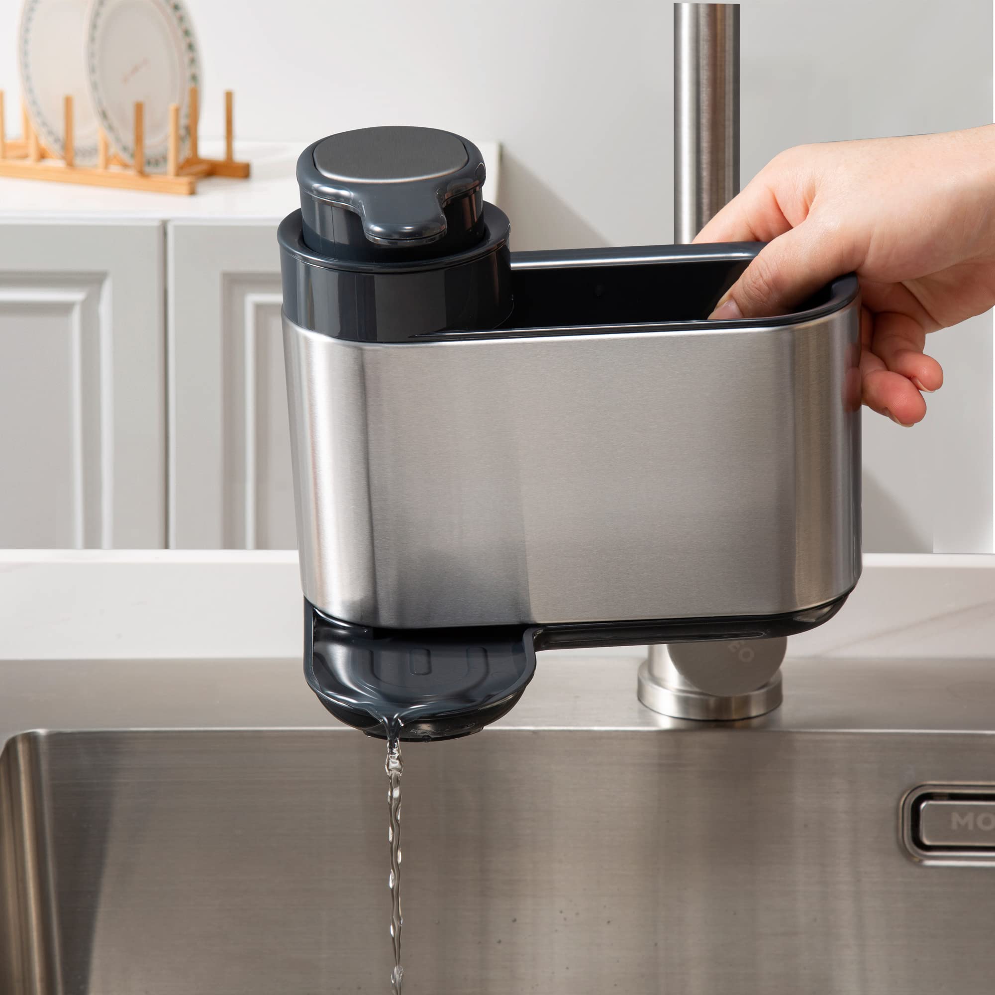 SDlumeiy Stainless Steel and Plastic Soap Dispenser with Sink Caddy, Stainless Steel Sponge Holder, Brush Holder, Kitchen Sink Organizer 7x5x6.4 inches Silver Gray