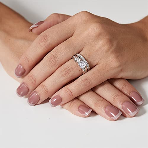 MABELLA 925 Sterling Silver Cubic Zirconia Princess Cut Women's Wedding Engagement Bridal Ring Set Size 8