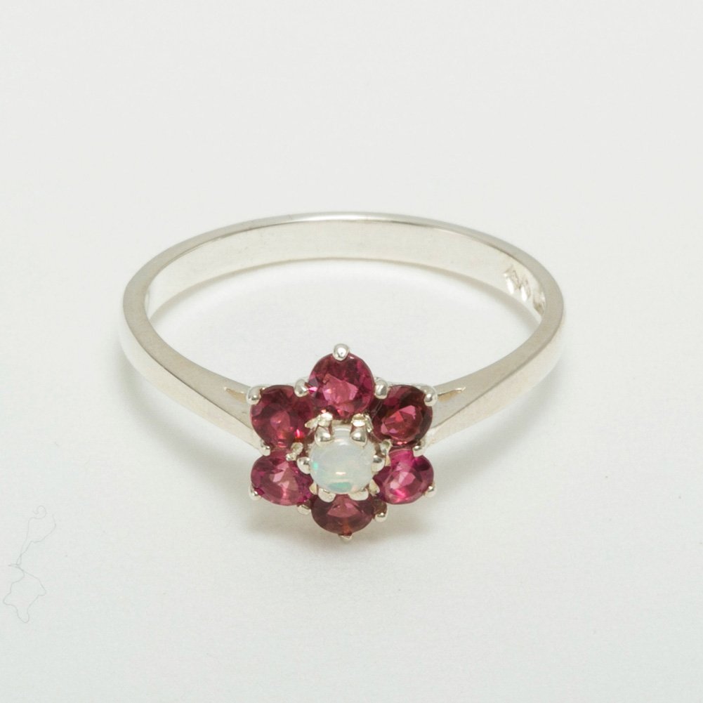 LetsBuyGold 925 Sterling Silver Real Genuine Opal & Pink Tourmaline Womens Cluster Anniversary Ring - Size 8