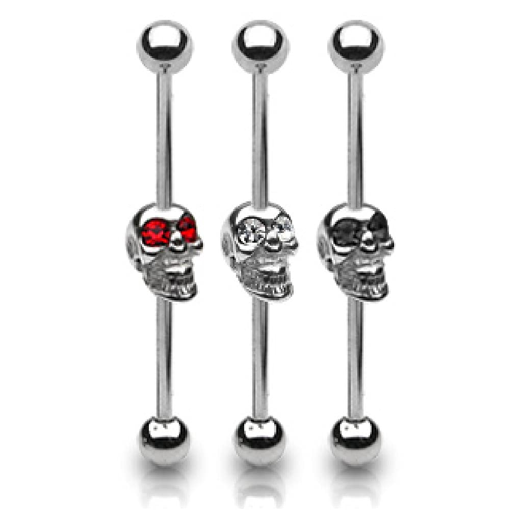 Pierced Owl 14GA Laughing Skull with Gemmed Eyes 316L Surgical Stainless Steel Industrial Barbell (Red)