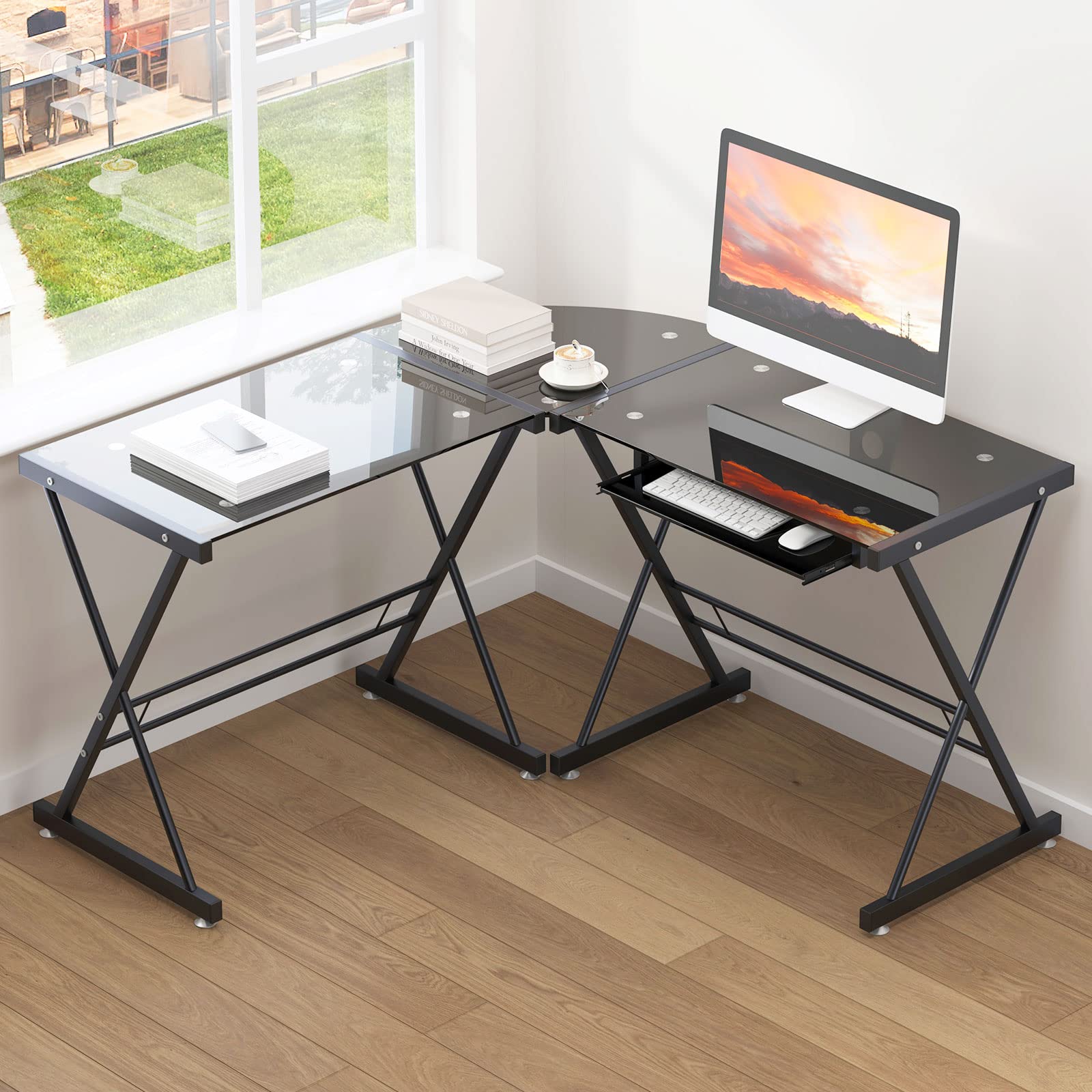 Need 51inches Tempered Glass L-Shaped Desk, Computer Desk with Smooth Keyboard Tray Home Office Corner Desk Black,UT-845-ND
