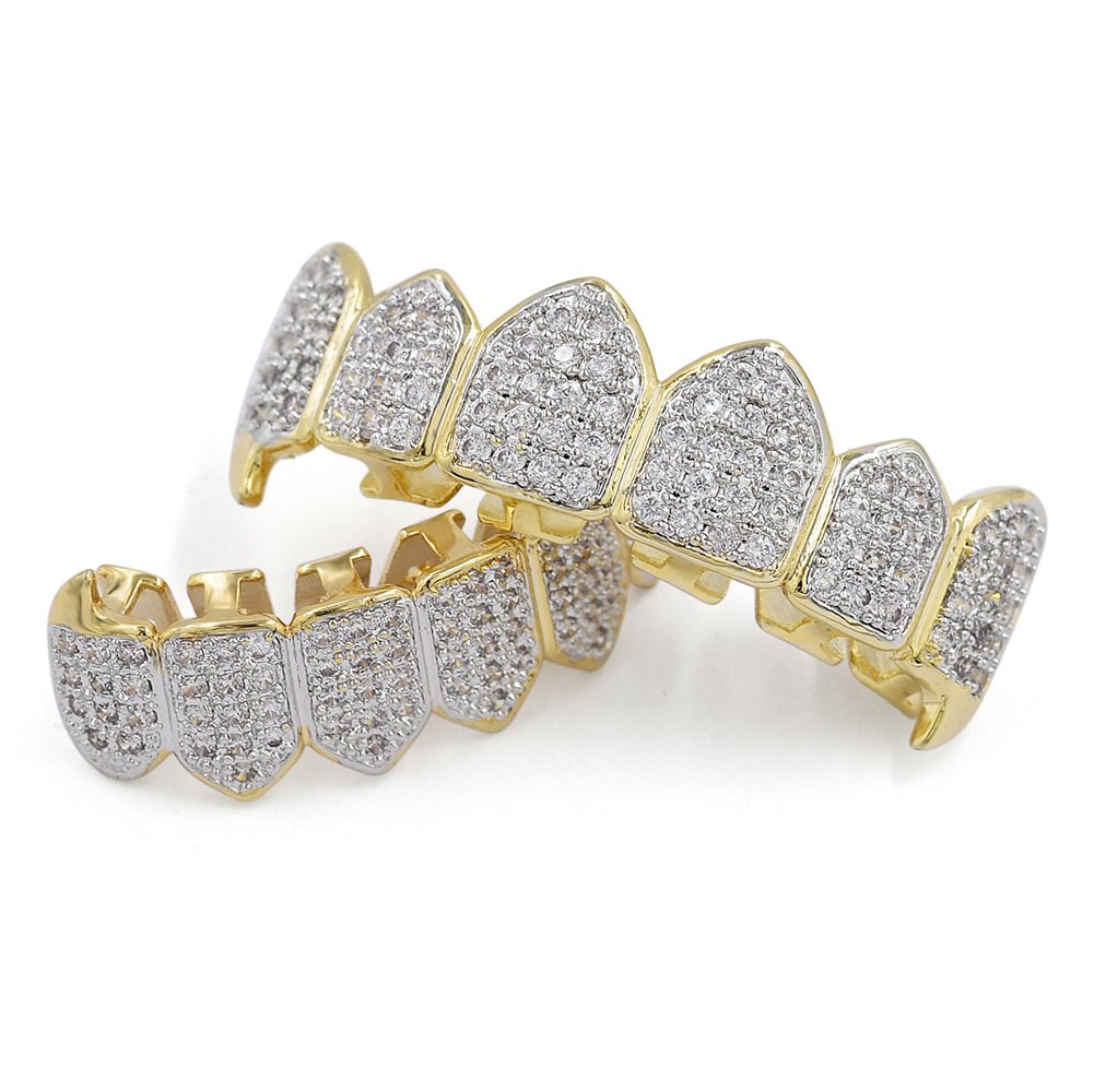 Moca Jewelry Hip Hop Unisex 18K Gold Plated Iced Out CZ Simulated Diamond Top Bottom Teeth Grillz Set for Men Women