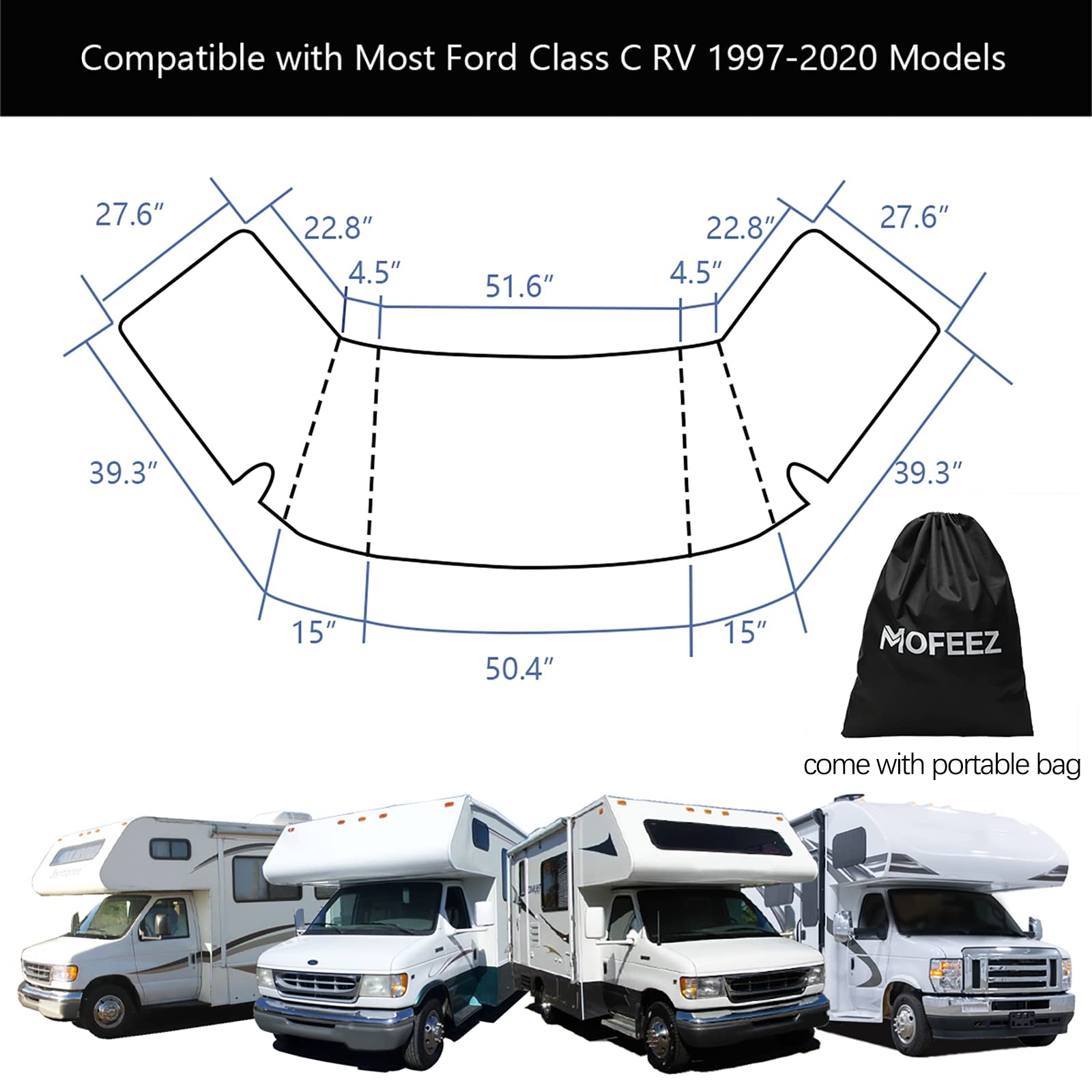 Mofeez RV Windshield Cover Compatible with Class C Ford 1997-2024, UV Block Offer Complete Privacy with Light Preserves Interior (White Color with Mirror Cutouts)