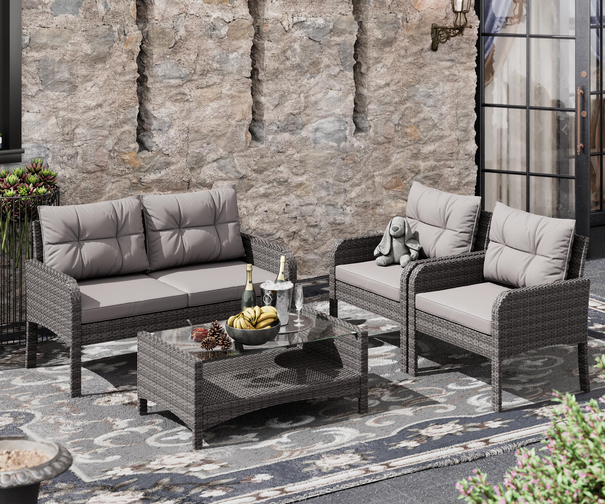 LHBcraft 4-Piece Patio Furniture Set Outdoor Rattan Wicker Sofa Set with Cushions & Coffee Table, Conversation Sofa Set with Tempered Glass Table Top and Storage Shelf