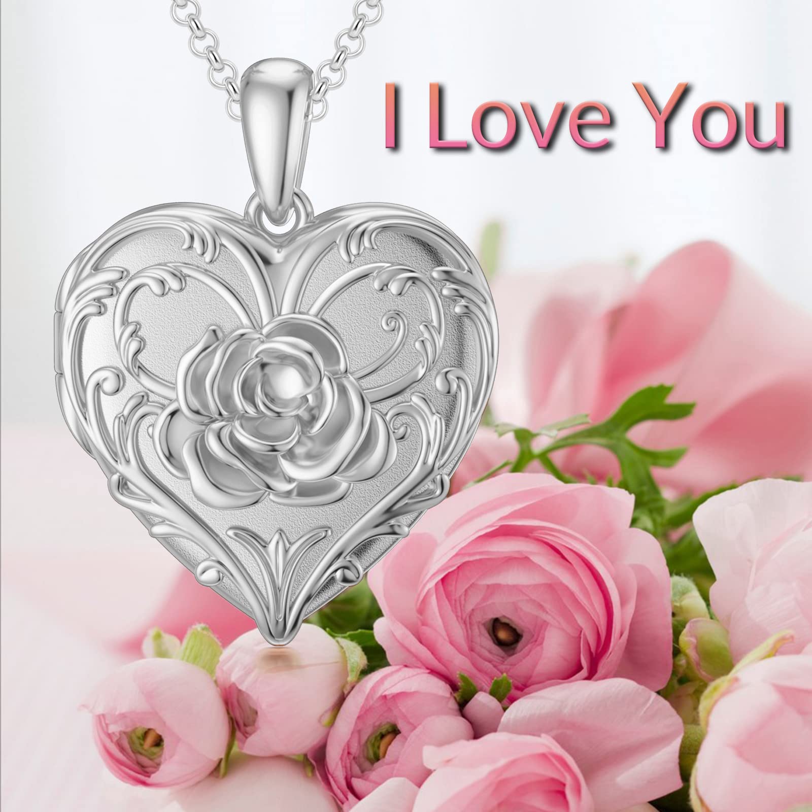 SOULMEET 18k White Gold Plated Silver Rose Locket Necklace That Holds 2 Pictures, 20" 10K White Gold Chain (Locket only)