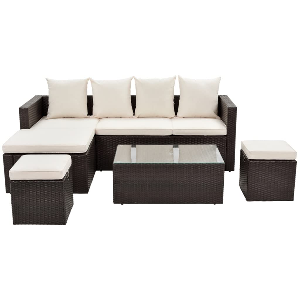 LHLLHL 5 Piece Patio Furniture PE Rattan Wicker Combo Recliner Sofa Set with Glass Table and Adjustable Chairs