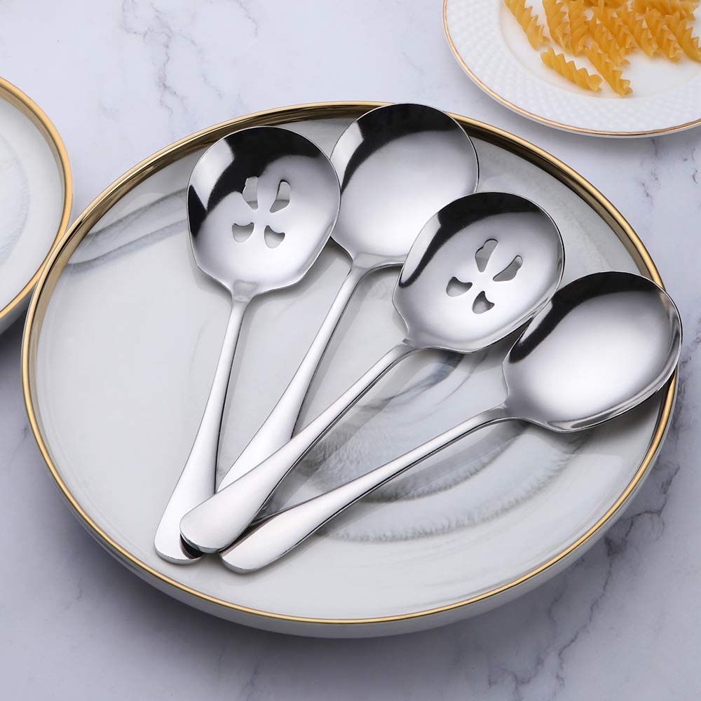 Meiishaaa Meisha Serving Spoons Set, 3 Serving Spoons and 3 Slotted Serving Spoons, Silver Stainless Steel Serving Utensils for Buffet Can Banquet Cooking Kitchen - Mirror Polished