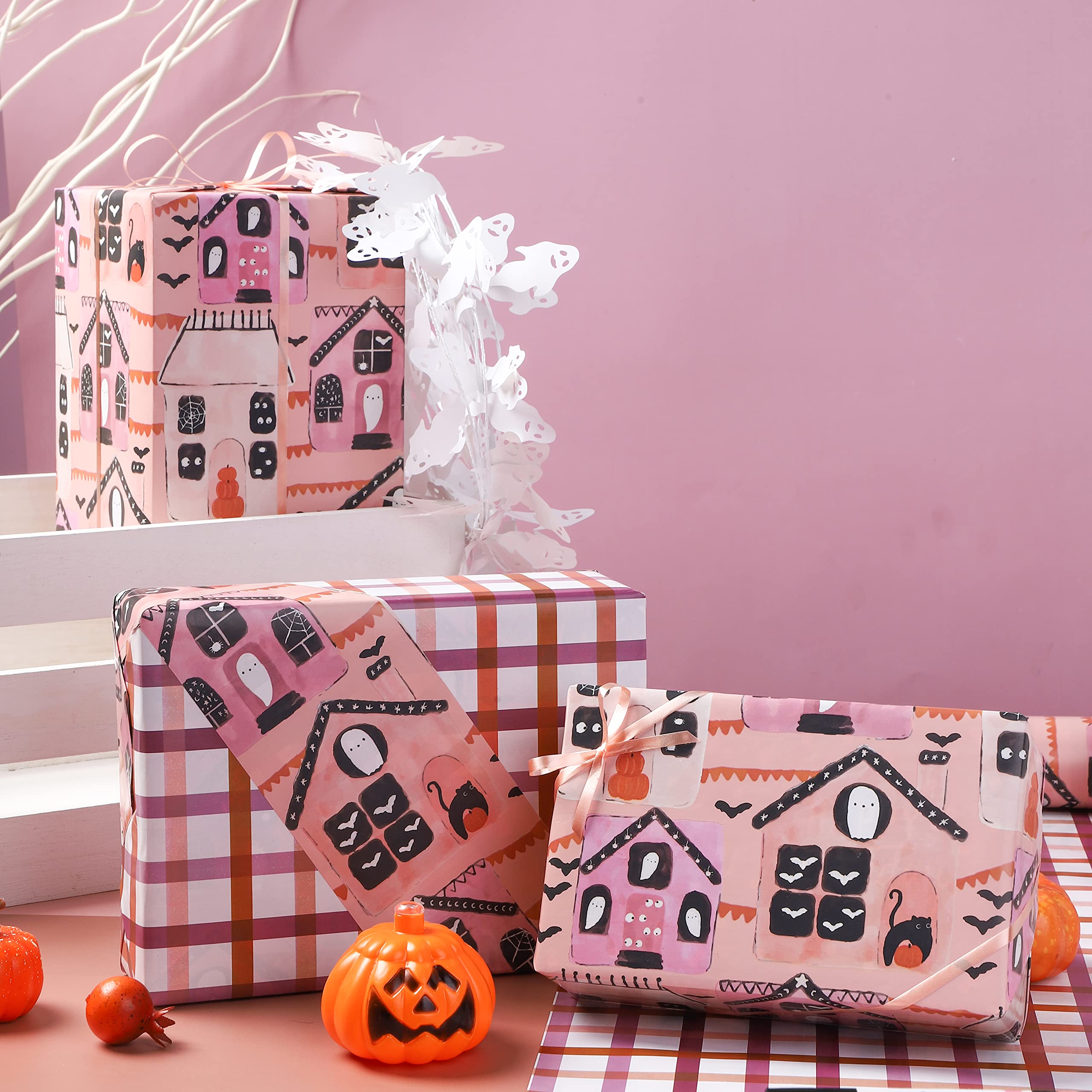 LeZakaa Reversible Halloween Wrapping Paper - Skeleton, Grave, Pumpkin, Snake Unique Halloween Elements & Spider Web Design - 17 inches x 32.8 Feet (46.45 sq.ft.)