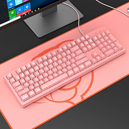 NACODEX DKS100 Wired Membrane Keyboard 104 Keys with Mechanical Feel - White Backlight Computer Keyboard - 19 Anti-Ghosting Keys Floating Keyboard (Pink)