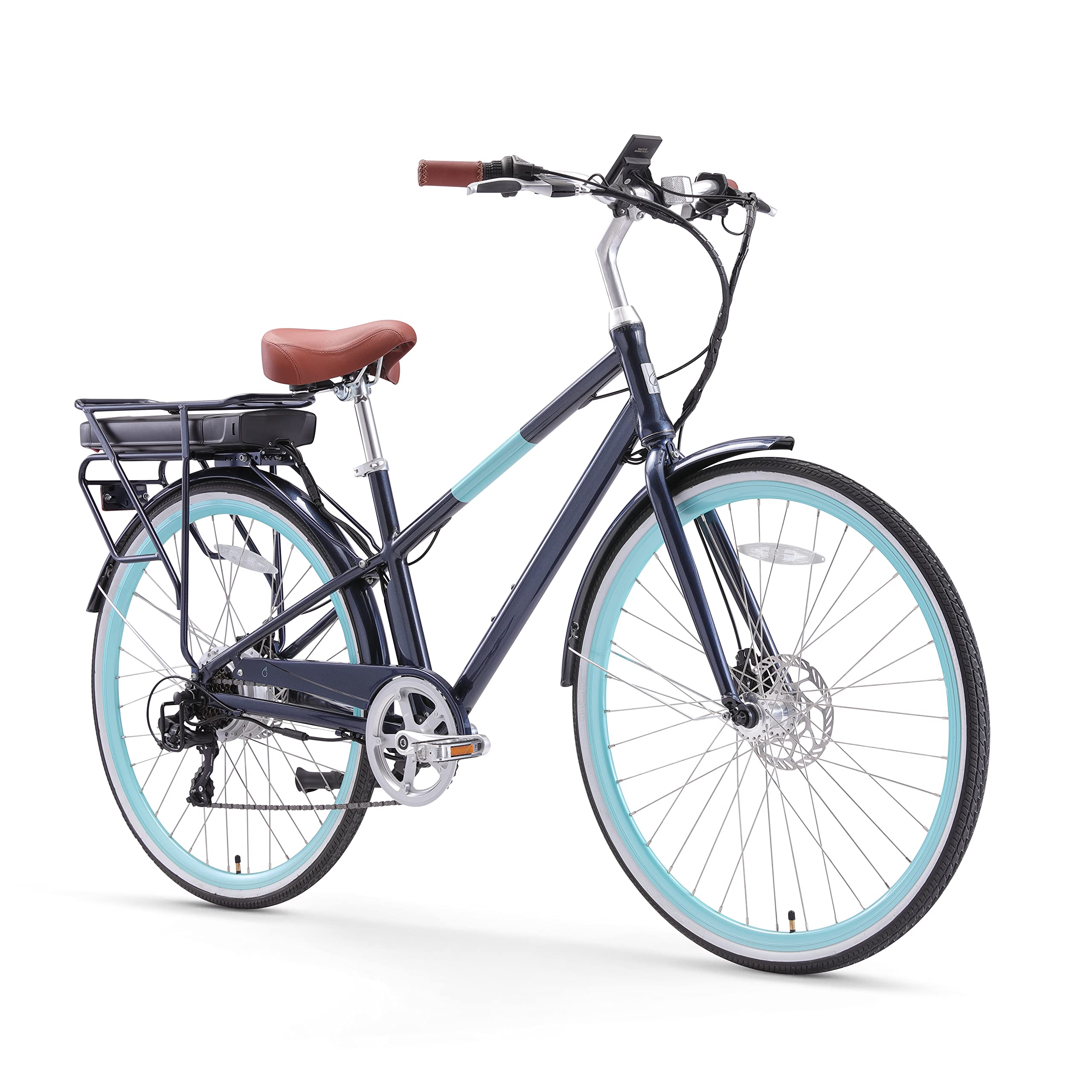 sixthreezero Reach Your Destination Women's Electric Bike, 7 Speed Hybrid Road eBike Bicycle with Rear Rack, 500 Watt Motor, 26 Inch Wheels, Navy