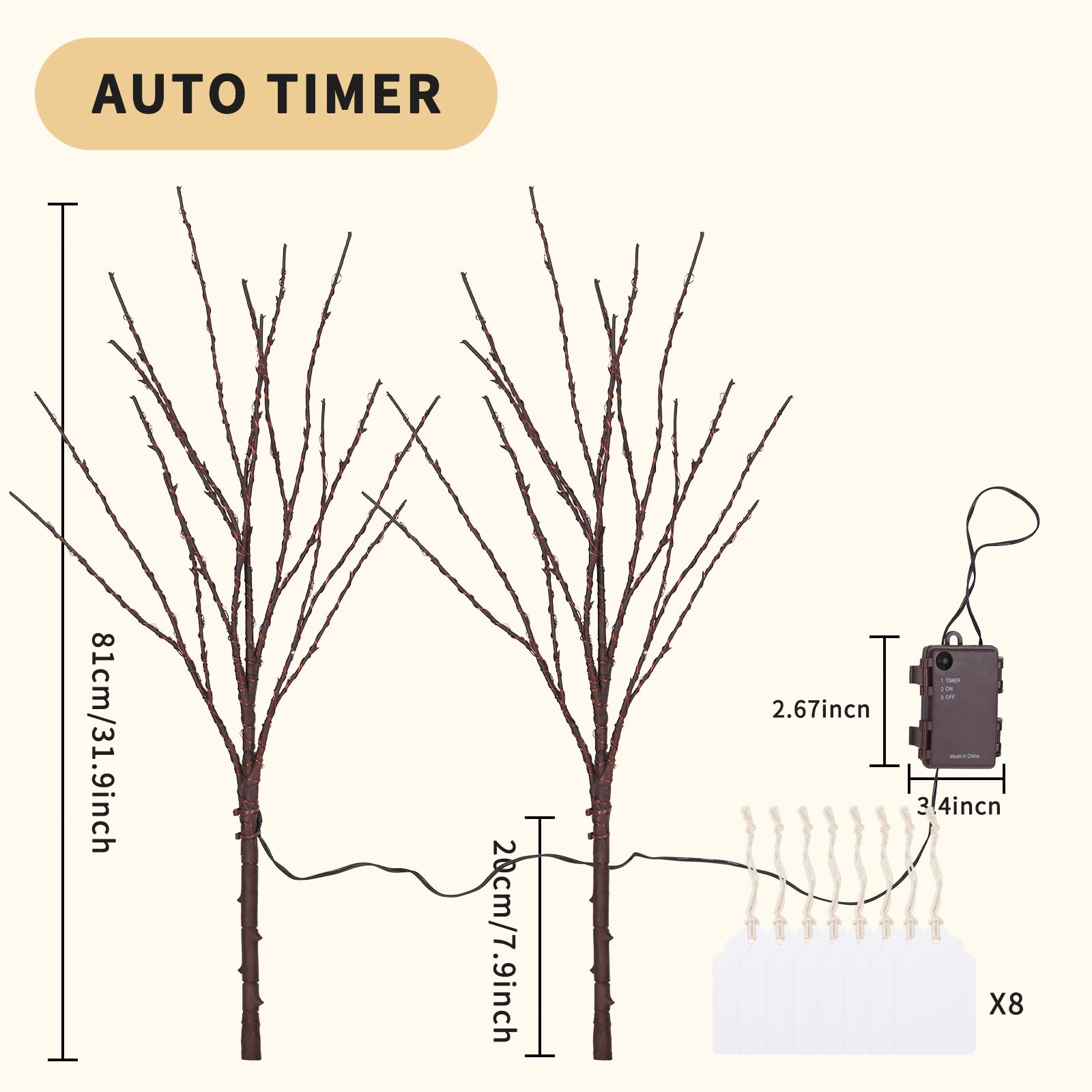 Lighted Branches for Vases, 2PCS Branch Lights, 32IN Birch Tree Branches, Fake Willow Branches, Artificial Twig Lights Christmas Decorations for Home Indoor Outdoor Decor, Brown