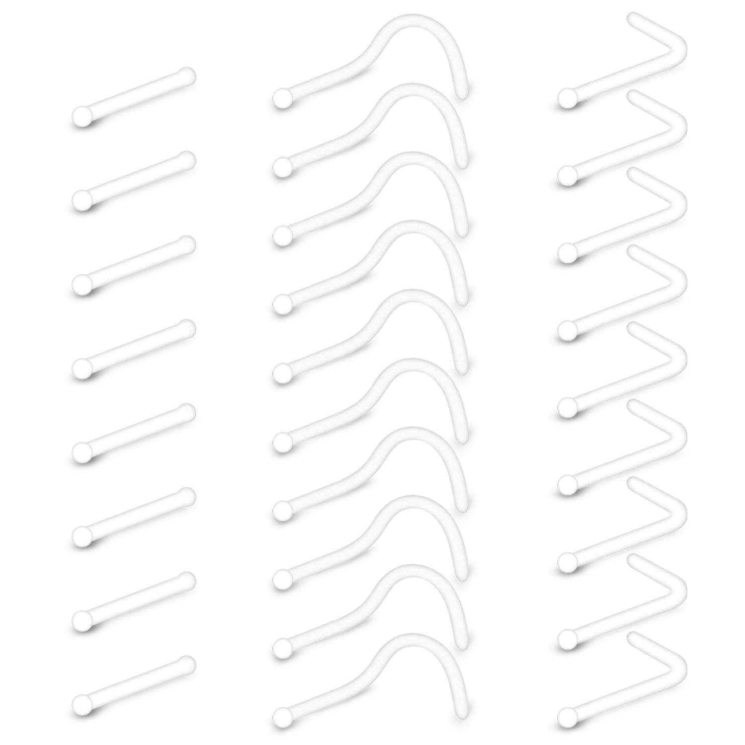 MODRSA 30pcs Bioflex Clear Nose Rings Retainer Flexible L Shaped Nose Studs Screw Nostril Pin Bone Straight Nose Piercing Retainer 1.5mm 2.0mm 2.5mm 3.0mm Top