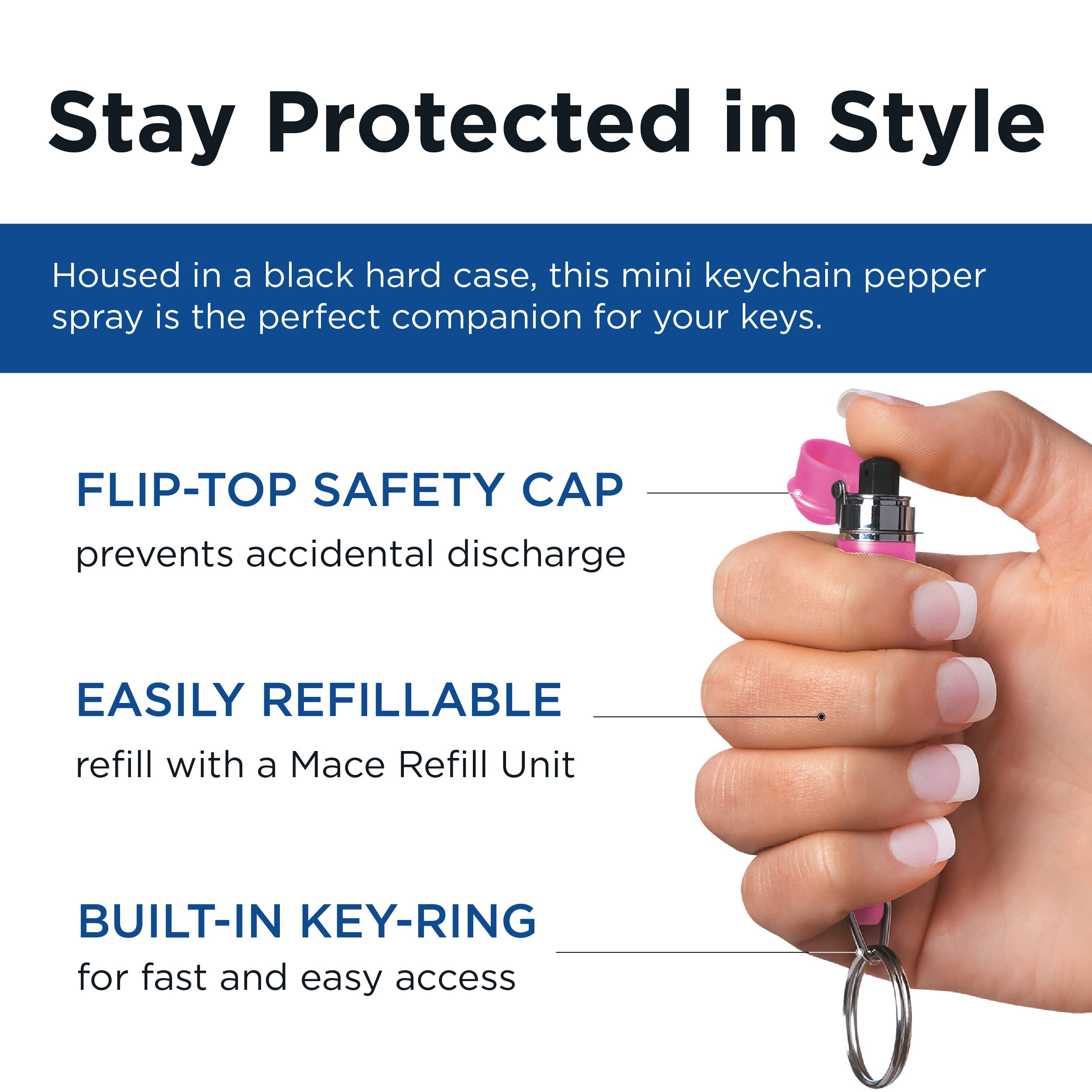 Mace Brand Police Strength Mini Keychain Pepper Spray Keyring Hard Case with Key Chain, for Women (Pink 4-Pack)