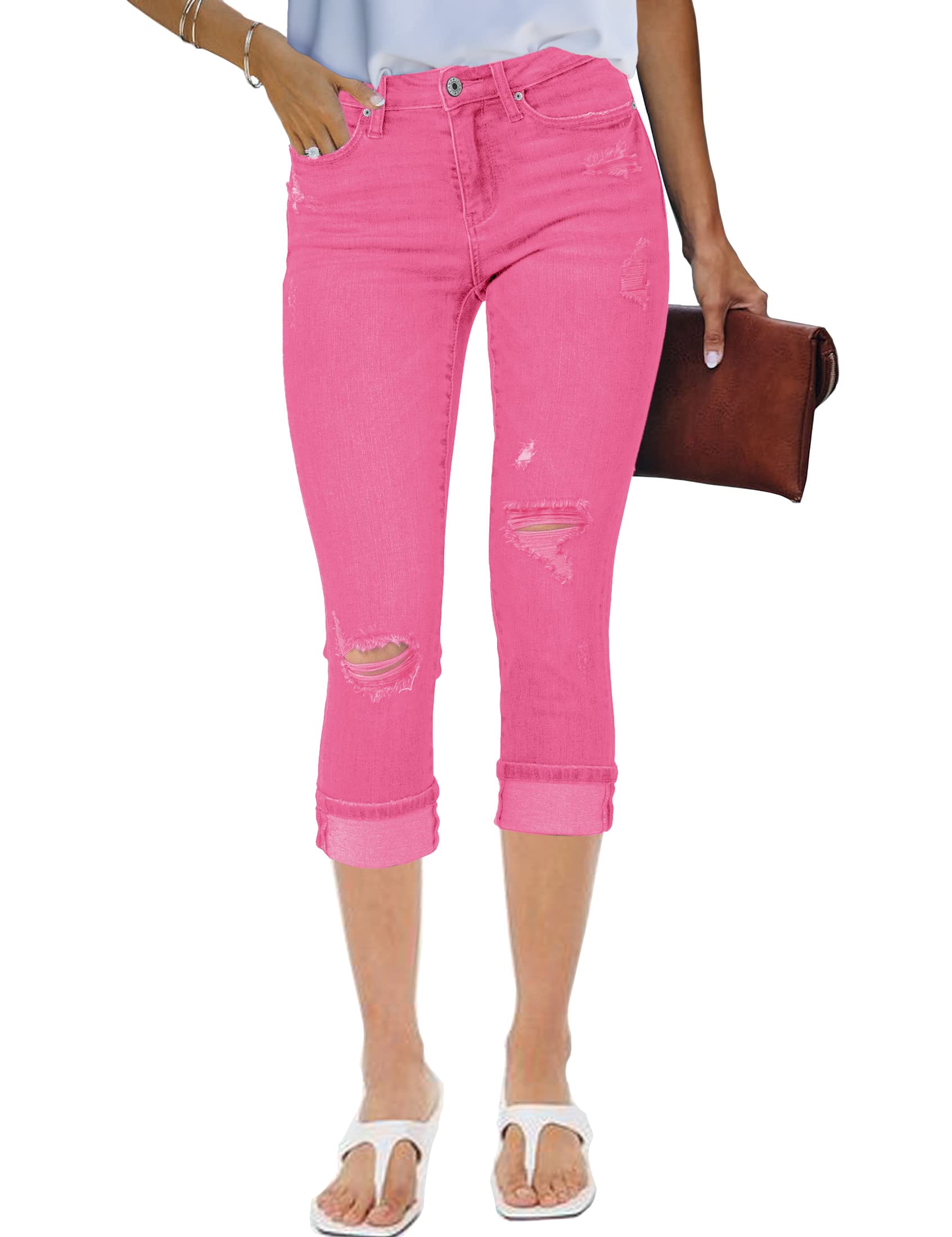 luvamia Women's Casual High Waist Ripped Capri Jeans Hot Pink Capri Pants for Women Dressy Womens Capri Pants for Summer Colored Jeans for Women Stretch Size Large Fits Size 12 / Size 14