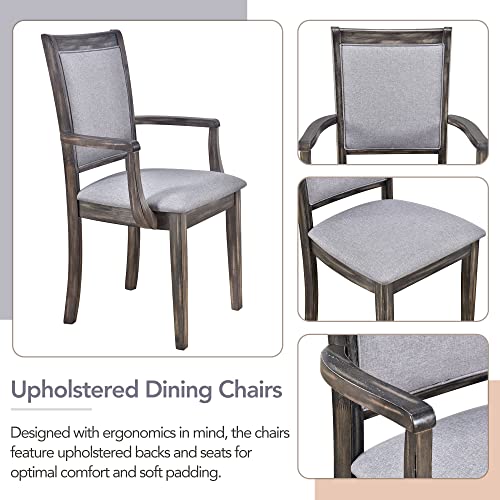 LUMISOL Rustic 7 Piece Dining Table Set with Chairs for 6 Persons Wooden Kitchen Dining Set Farmhouse Style 1 Trestle Dining Table and 4 Upholstered Side Chair and 2 Arm Chair