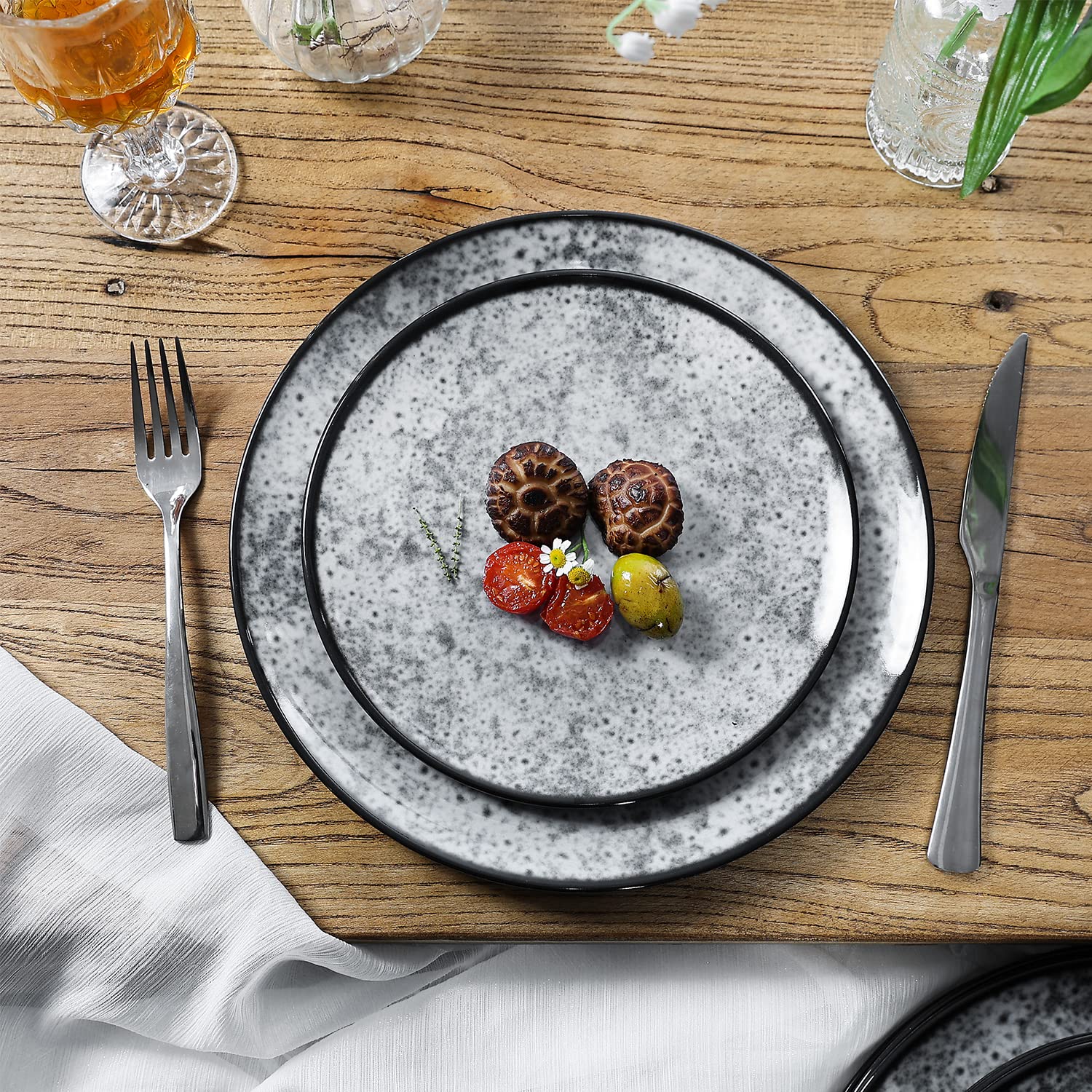 Melamine Dinnerware Set of 12 Pcs-Melamine Plates and Bowls Set for Indoor and Outdoor Use, BPA Free Dishwasher Safe, Lightweight Unbreakable(Glazed Grey)