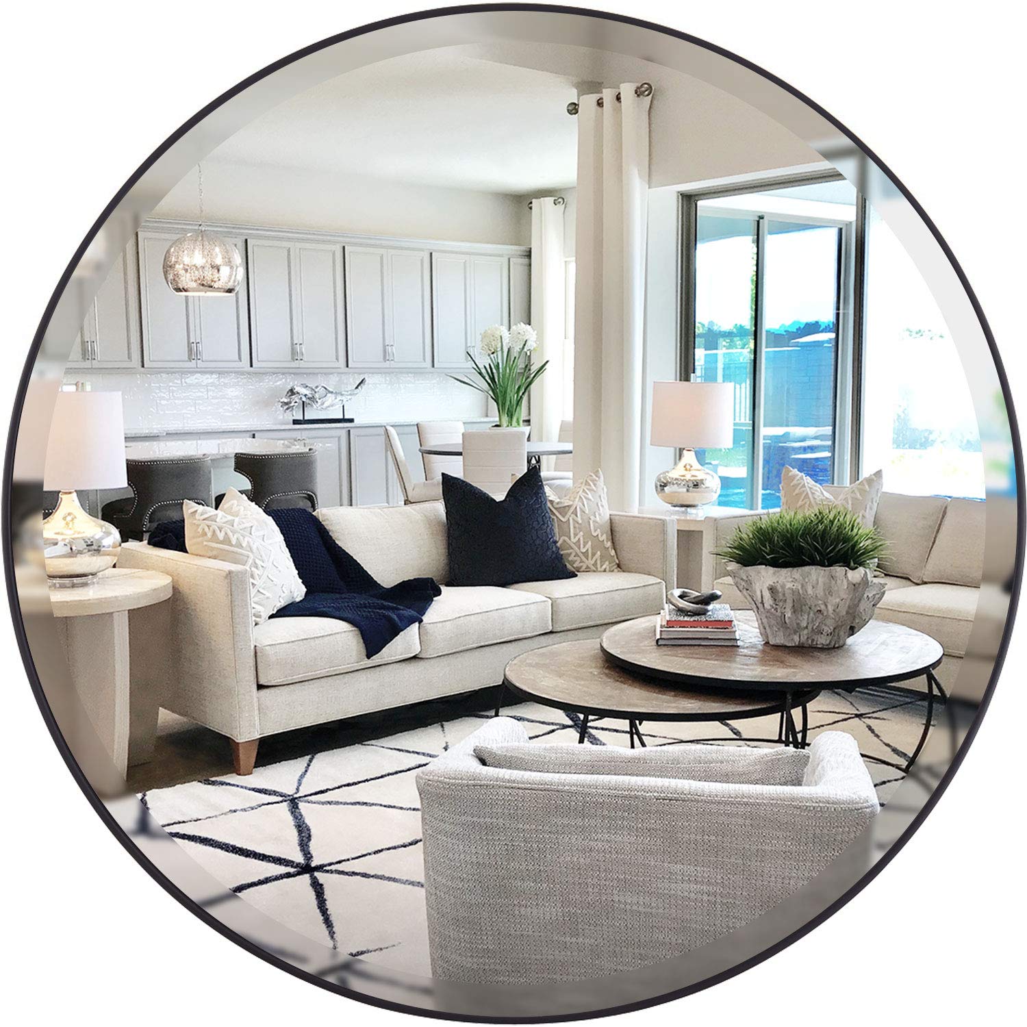 MOTINI 28.5'' Large Round Wall Mirror Black Modern & Contemporary Beveled Circle Mirror PU Frame Wall Mounted Decorative Mirror for Bathroom Bedroom Living Room Entryway