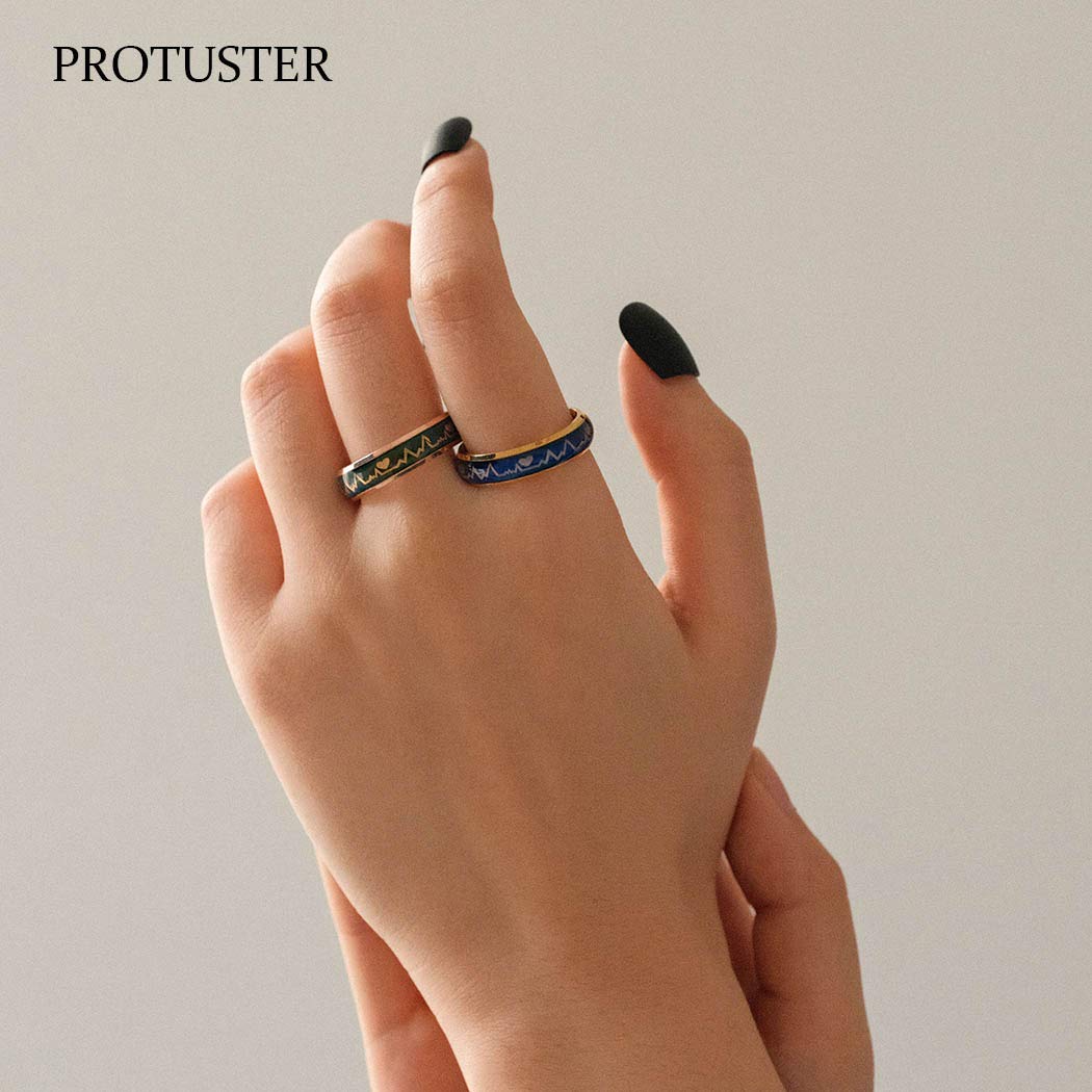PROTUSTER Statement Rings for Lovers Emotional Change Color Temperature Mood Color Changing Stackable Gold Round Ring Feeling Heartbeat ECG Rings for Women and Men (Rose Gold&Gold, 7)