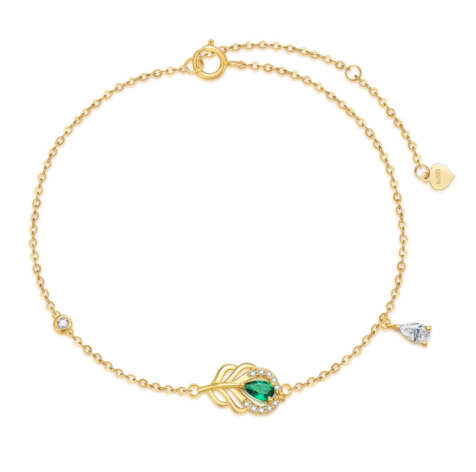SISGEM Real 14k Gold Peacock Feather Bracelet for Women, 14 Karat Gold Animal Lover Wrist Jewelry Gifts for Her, 6.8"+0.8"+0.8"