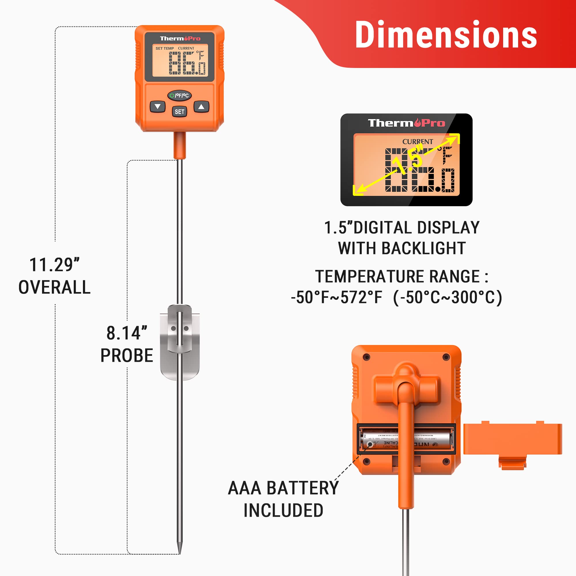 ThermoPro TP511 Digital Candy Thermometer with Pot Clip, Programmable Instant Read Food Meat Thermometer with 8'' Long Probe for Smoker Baking Grilling Candle Liquid Oil Deep Fry Thermometer