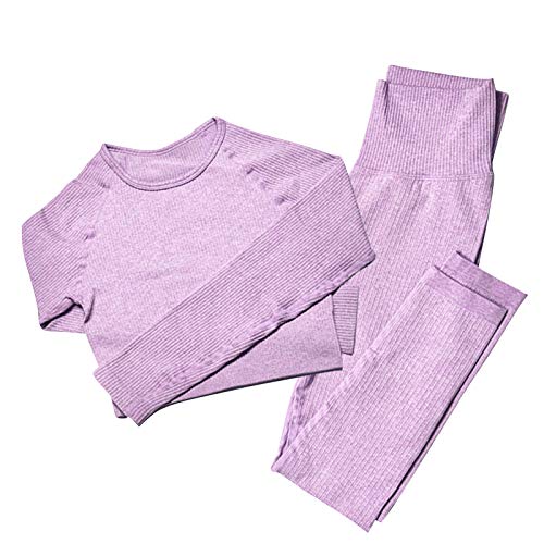 MAYROUND Women 2 Pieces Yoga Workout Outfit Ribbed Seamless Leggings and Long Sleeve Crop Top Set Exercise Clothes