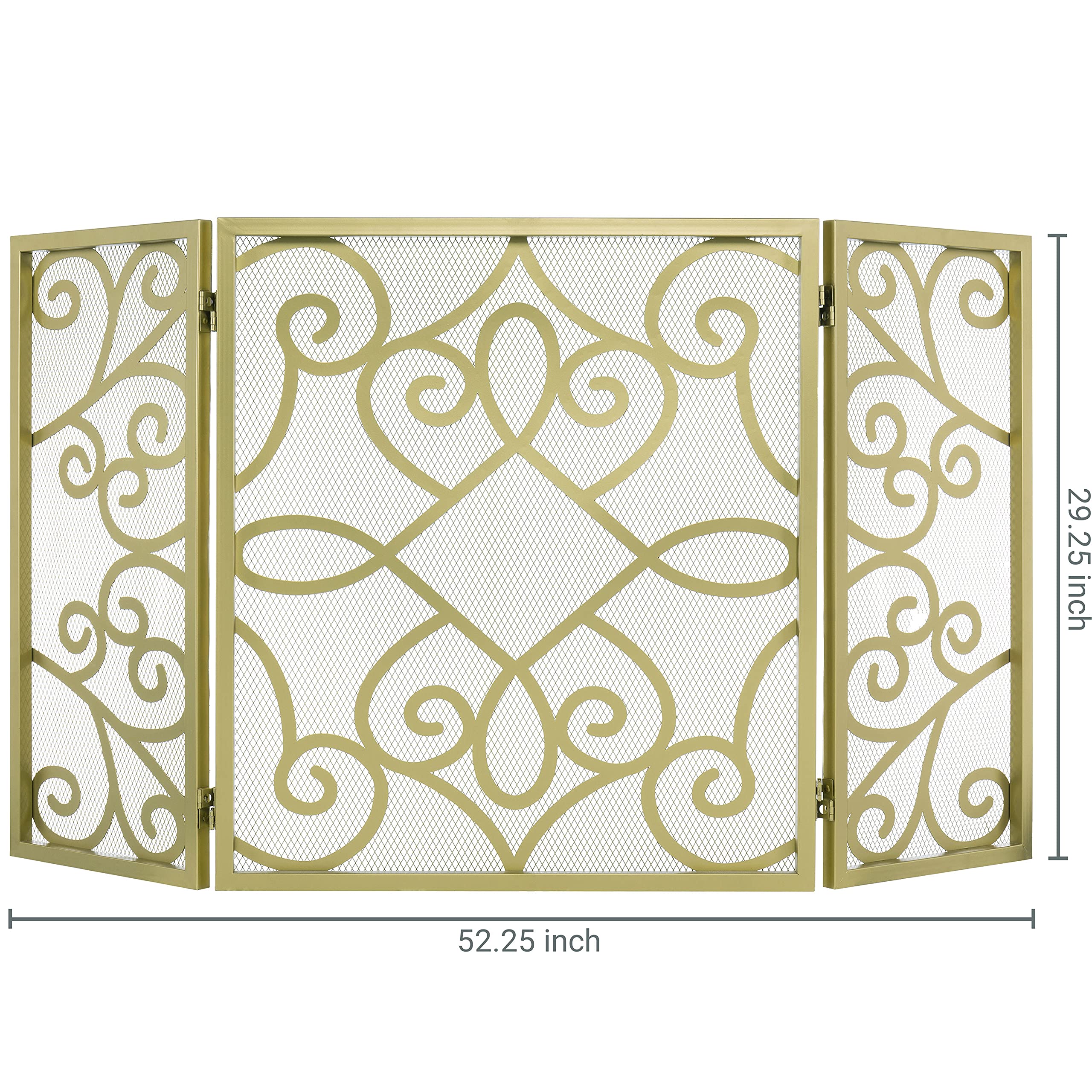 MyGift 3-Panel Vintage Gold-Tone Scrollwork Freestanding Metal Fireplace Screen