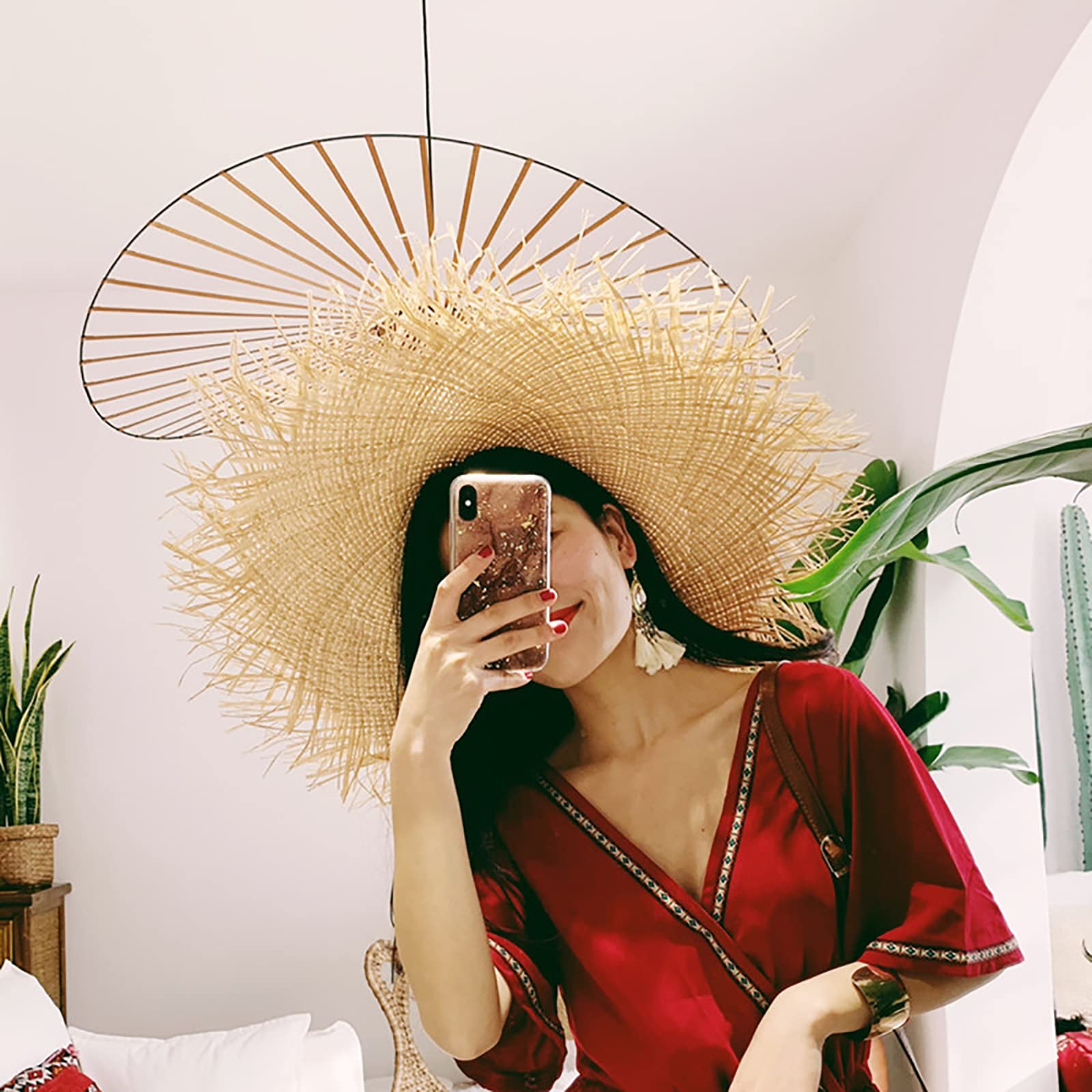 Womens Beach Sun Straw Hat Summer UV Sun Hat Wide Brim Fringe Beach Hat Boho Floppy Hat Fishing Cap (Khaki)