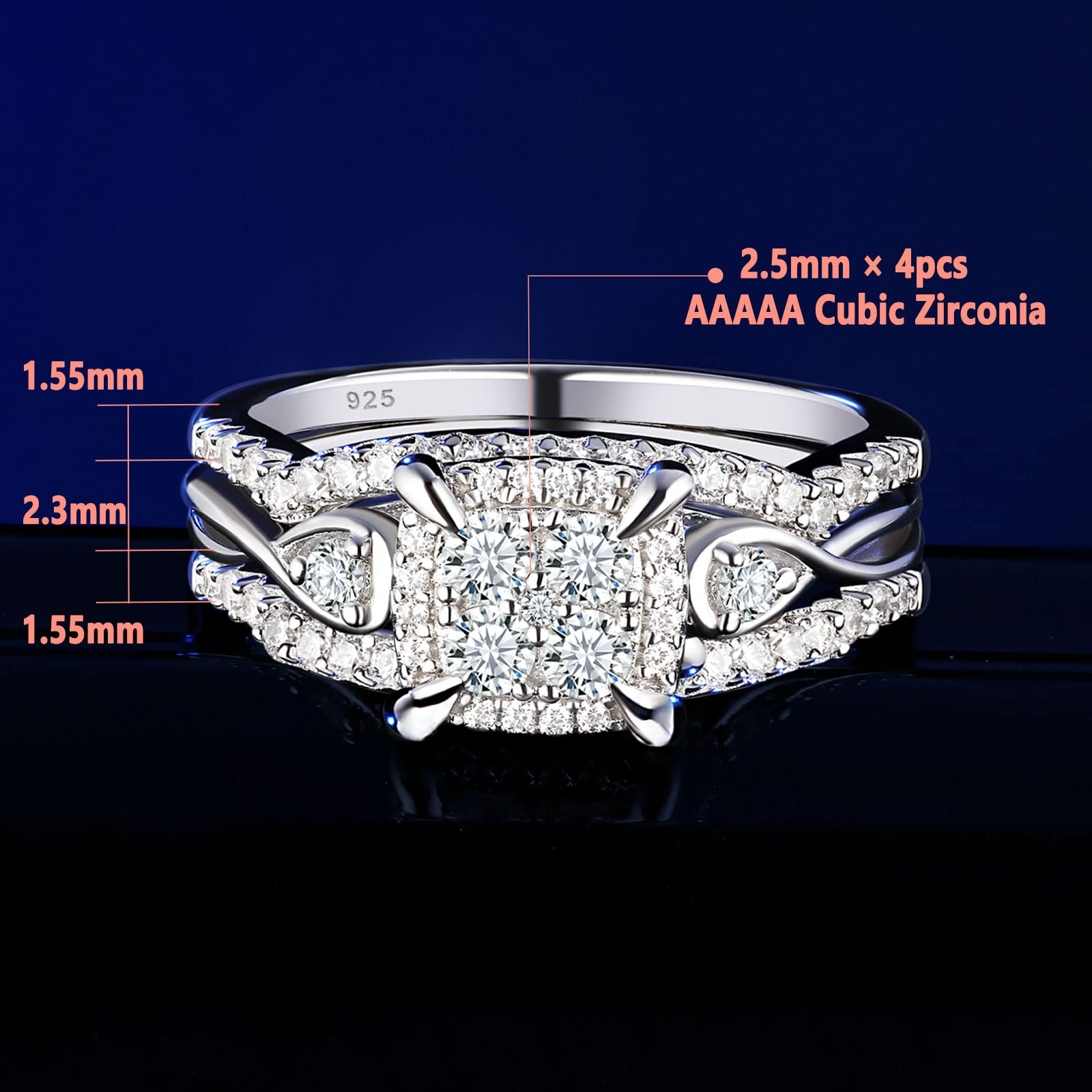 SHELOVES 3Pcs Round White Cubic Zirconia Princess Halo Wedding Ring Set Solid Sterling Silver Vintage Style Sz 9