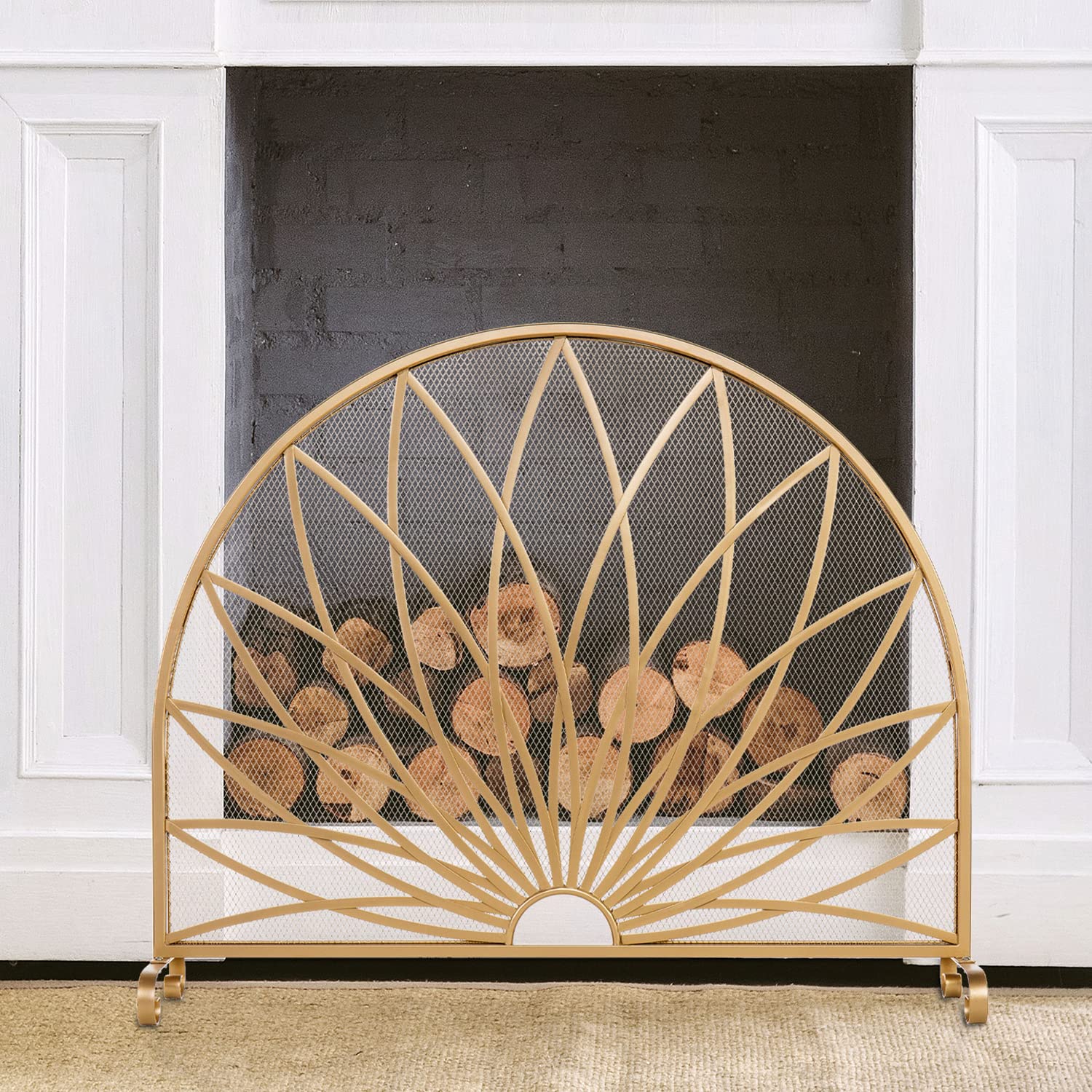 MyGift Art Deco Starburst Style Brass-Tone Metal Freestanding Fireplace Screen