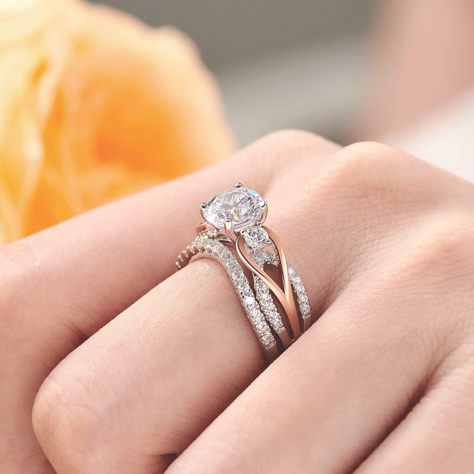 SHELOVES Rose Gold Three Stone Round Cut CZ Engagement Wedding Rings Set 925 Sterling Silver Sz 7