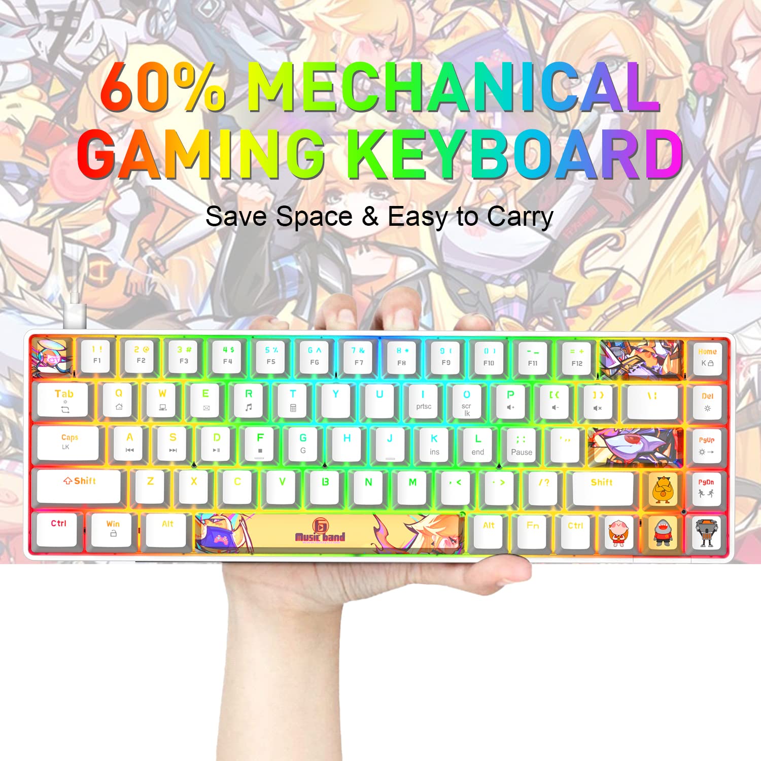 Portable 60% Mechanical Gaming Keyboard 18 Chroma RGB Backlit Ultra-Compact 68 Keys Dye Sublimation PBT Ergonomic Full Keys Anti-ghosting Compatible with PS4,PS5,PC,Gamers,Typist(Purple/Blue Switch)