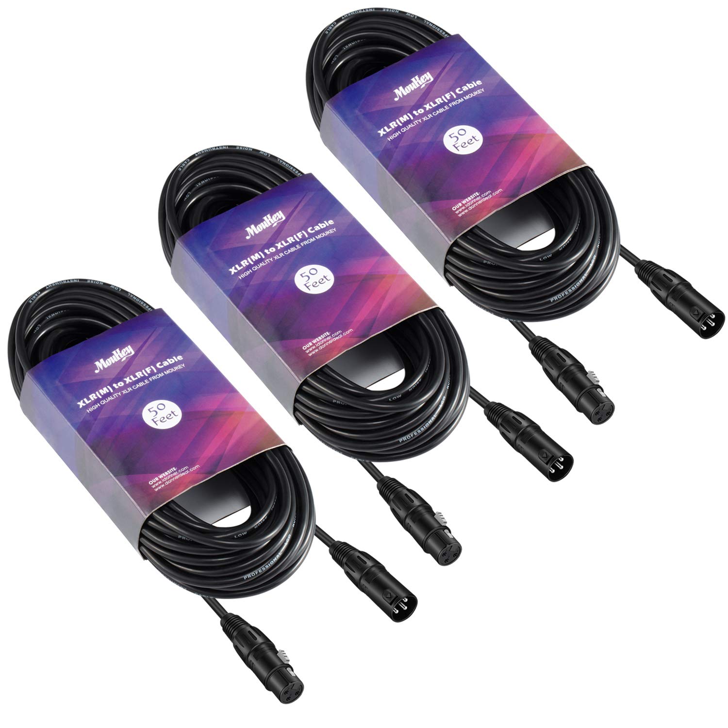Moukey, 50ft XLR 50 Feet Microphone Male to Female Mic Cables Cord, Black 3-Pack