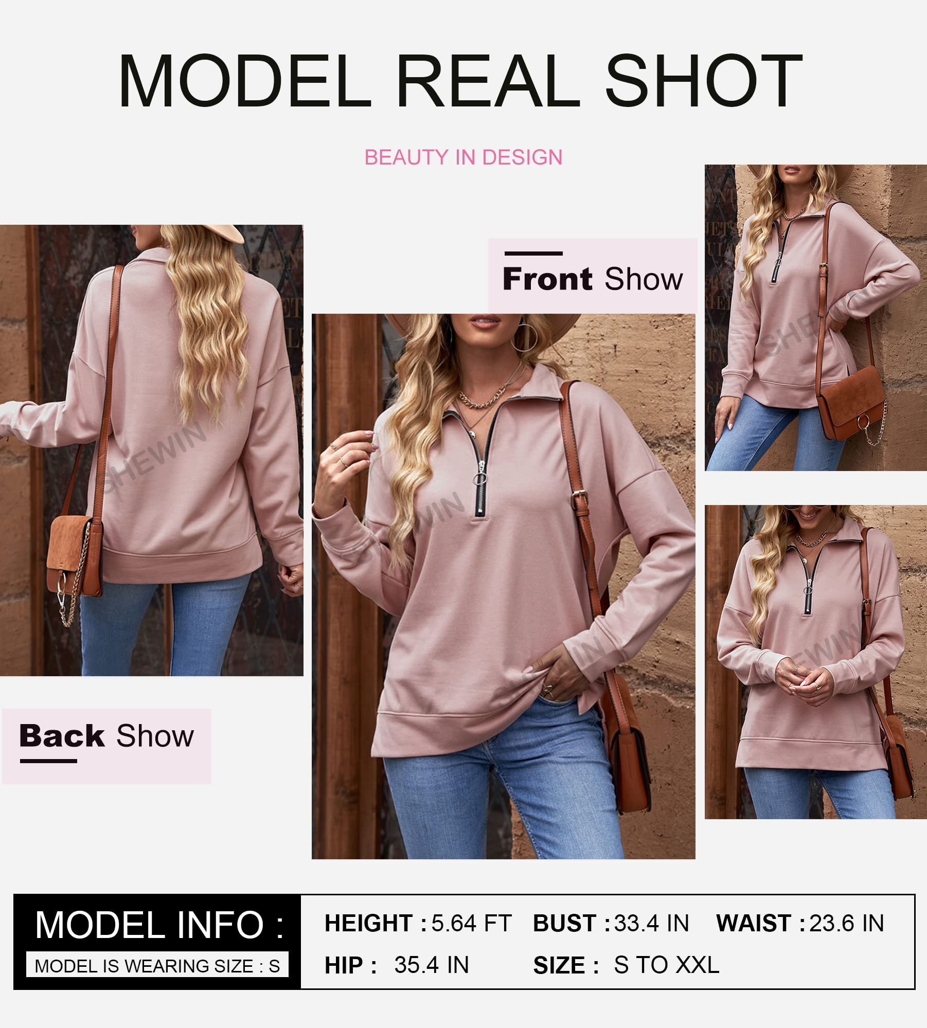 SHEWIN Womens Casual Quarter Zip Pullover Tops Long Sleeve Lapel Zipper Oversized Sweatshirt Loose Fall Fashion Clothes for Women 2023,US 8-10(M),Pink