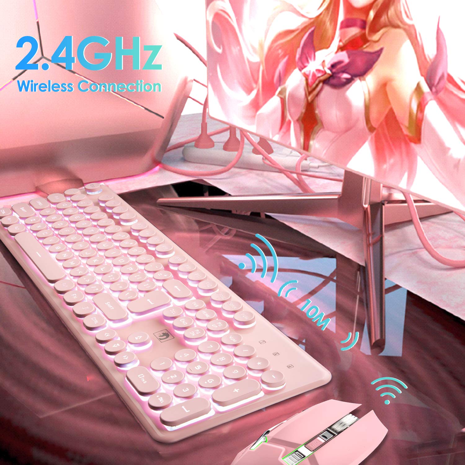Pink Wireless Gaming Keyboard and Mouse Wired Headphones and Mice pad Backlight Bundle 2.4GHz Rechargeable Retro Keyboard and Rainbow Blacklit Mouse with 3D Stereo Gaming Headset for Laptop, PC