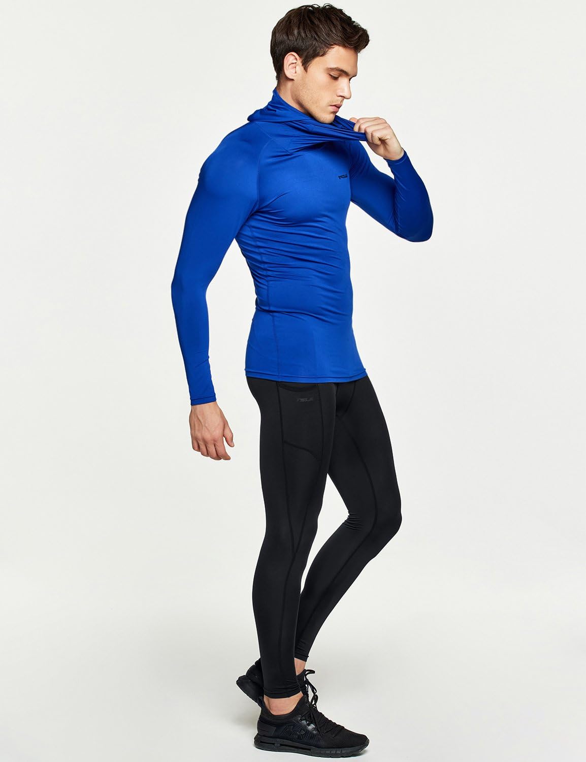 TSLA Men's Long Sleeve Workout Shirts Hoodie with Mask, UPF 50+ Cool Dry Fit Sports Compression Shirts, Hyper Control Blue, Medium