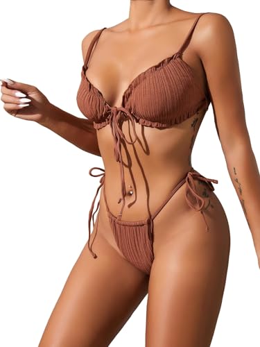 Lilosy Petite Sexy Ribbed Ruffle G String Tie Triangle Thong Bikini Swimsuit Set Women High Cut Cheeky Brazilian Bottom Bathing Suit 2 Two Piece Coffee Brown X-Small