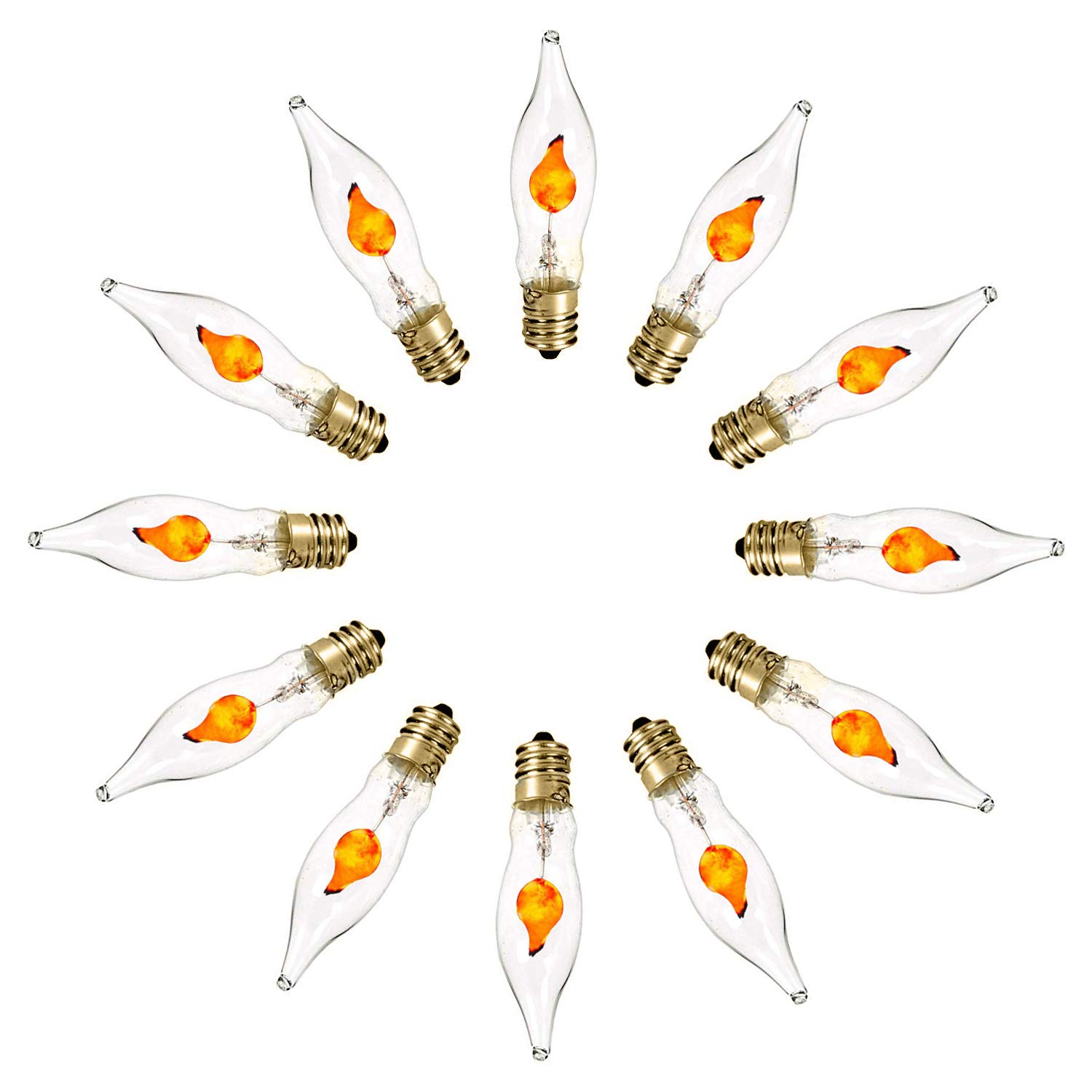 MaoTopCom 12 Pack Flicker Flame Light Bulbs, Crystal Clear, E12 Candelabra Base Replacement Bulbs for Electric Window Candles, Indoor/Outdoor String Lights, 3 Watt, 110 Volts
