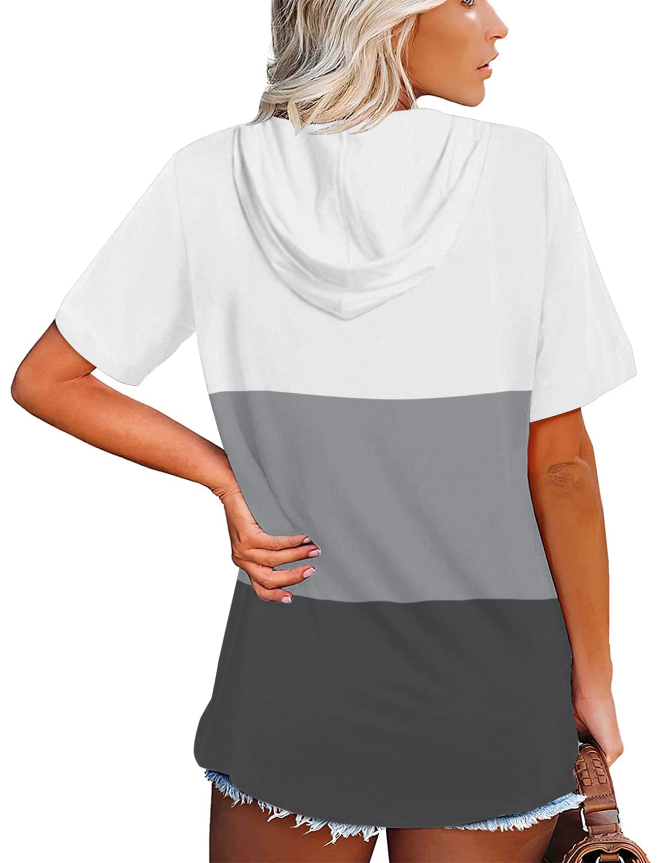 Minetom Women's T Shirts Color Block Tops Short Sleeve Hoodies Summer Casual Tees