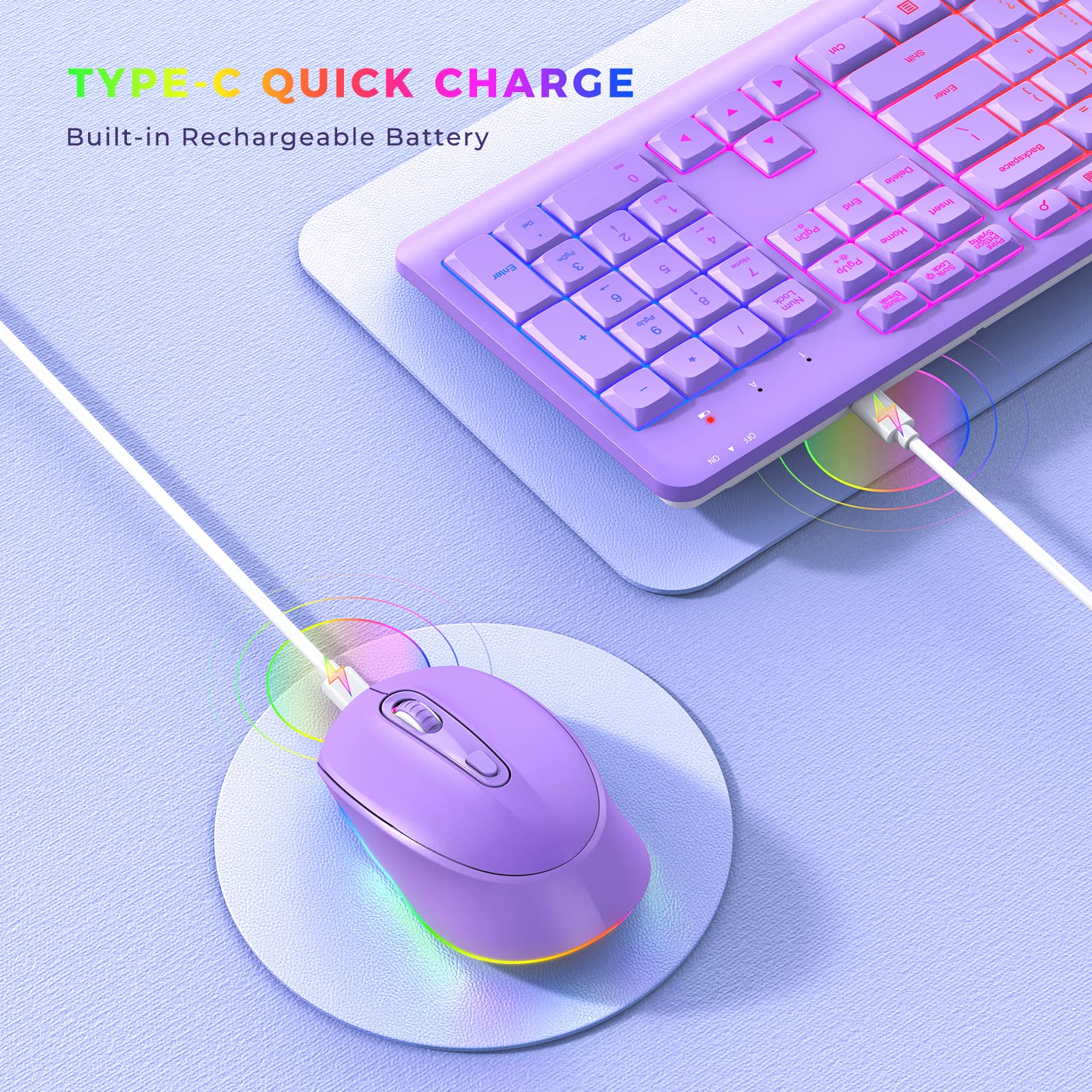 Wireless Keyboard and Mouse Combo Backlit, seenda Rechargeable Full-Size Illuminated 2.4Ghz Silent Keyboard and Mouse for Computer/Laptops/Windows/Gaming, Vine Purple
