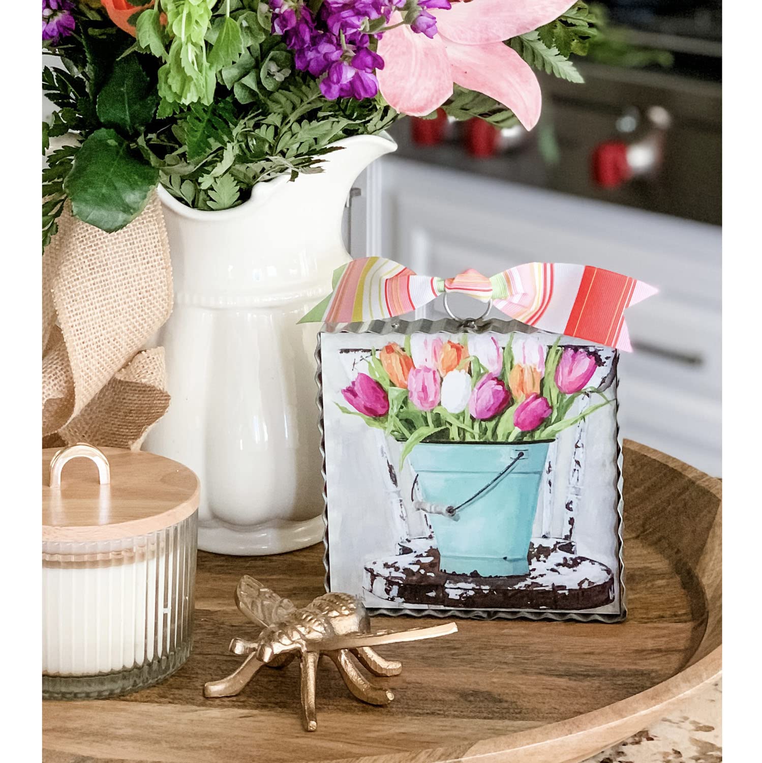 The Round Top Collection - Mini Gallery Bucket of Tulips, 6" x 1" x 7" Spring Themed Décor, Metal & Wood