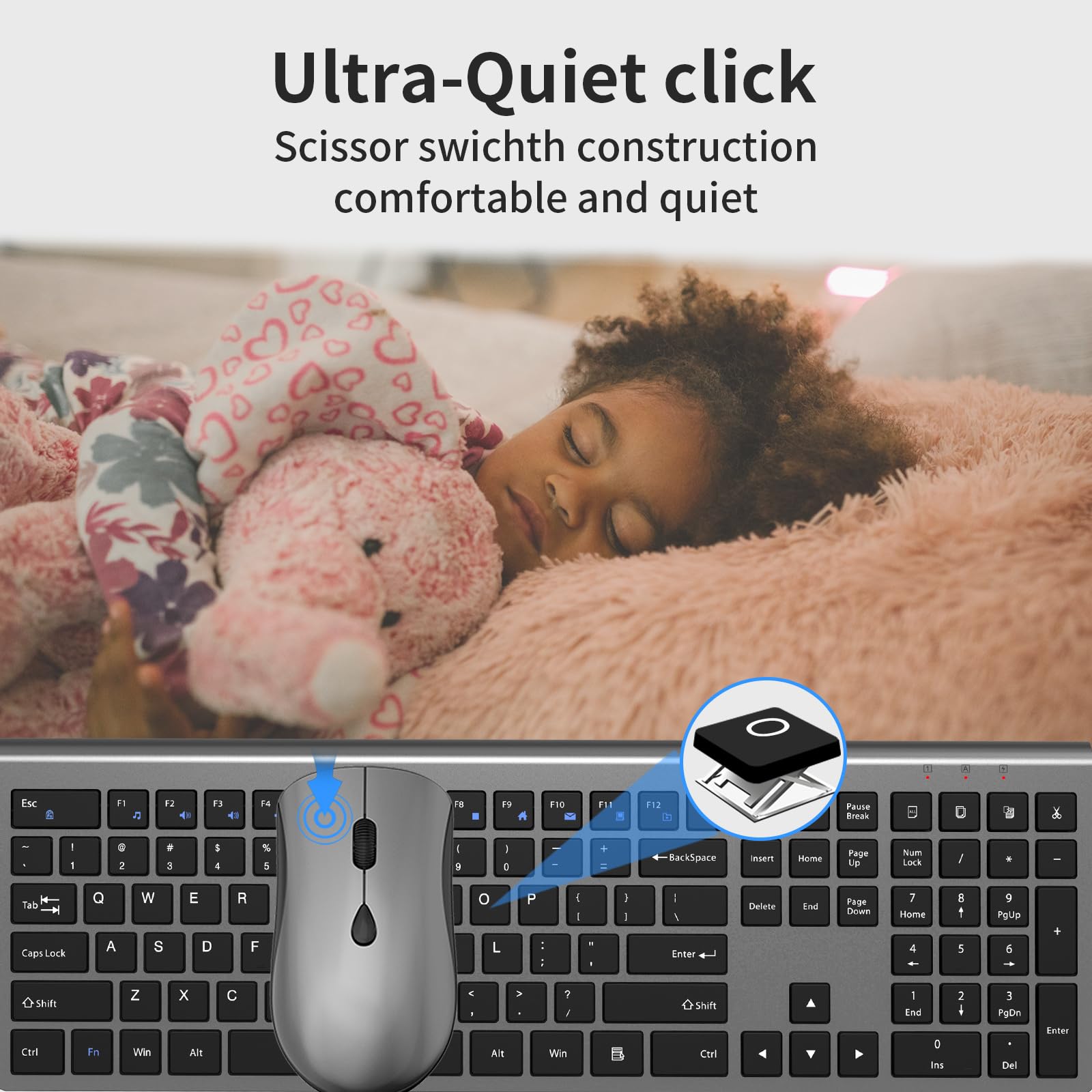 Wireless Keyboard and Mouse Combo, SHUNJINRUN USB Cordless Slim Compact Full-Size Keyboard and Ergonomic Silent Mouse with Side Buttons, for Windows,PC,Computer,Laptop,Chromebook - Gray