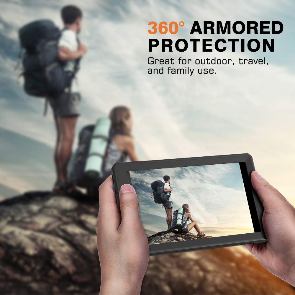 MoKo Case Fits Kindle Fire 7 Tablet (9th Generation, 2019 Release), Anti-Slip Dual-Layer Full Body Rugged Hands-Free Viewing Stand Back Cover with Screen Protector - Black
