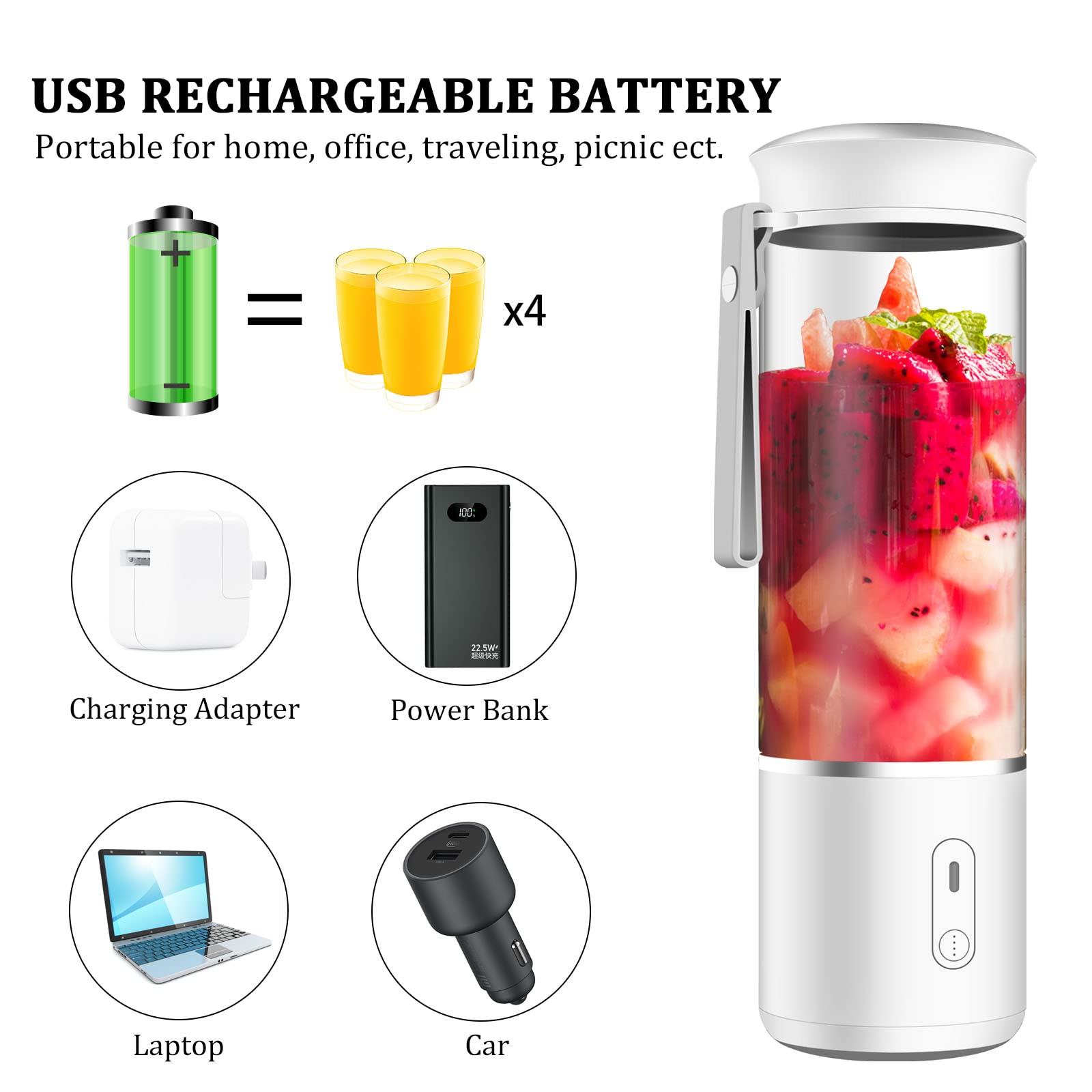 Portable Blender, Personal Travel Blender Cup for Shakes and Smoothies,14Oz Mini Smoothie Blender USB Rechargeable, Six 3D Blades for Great Mixing